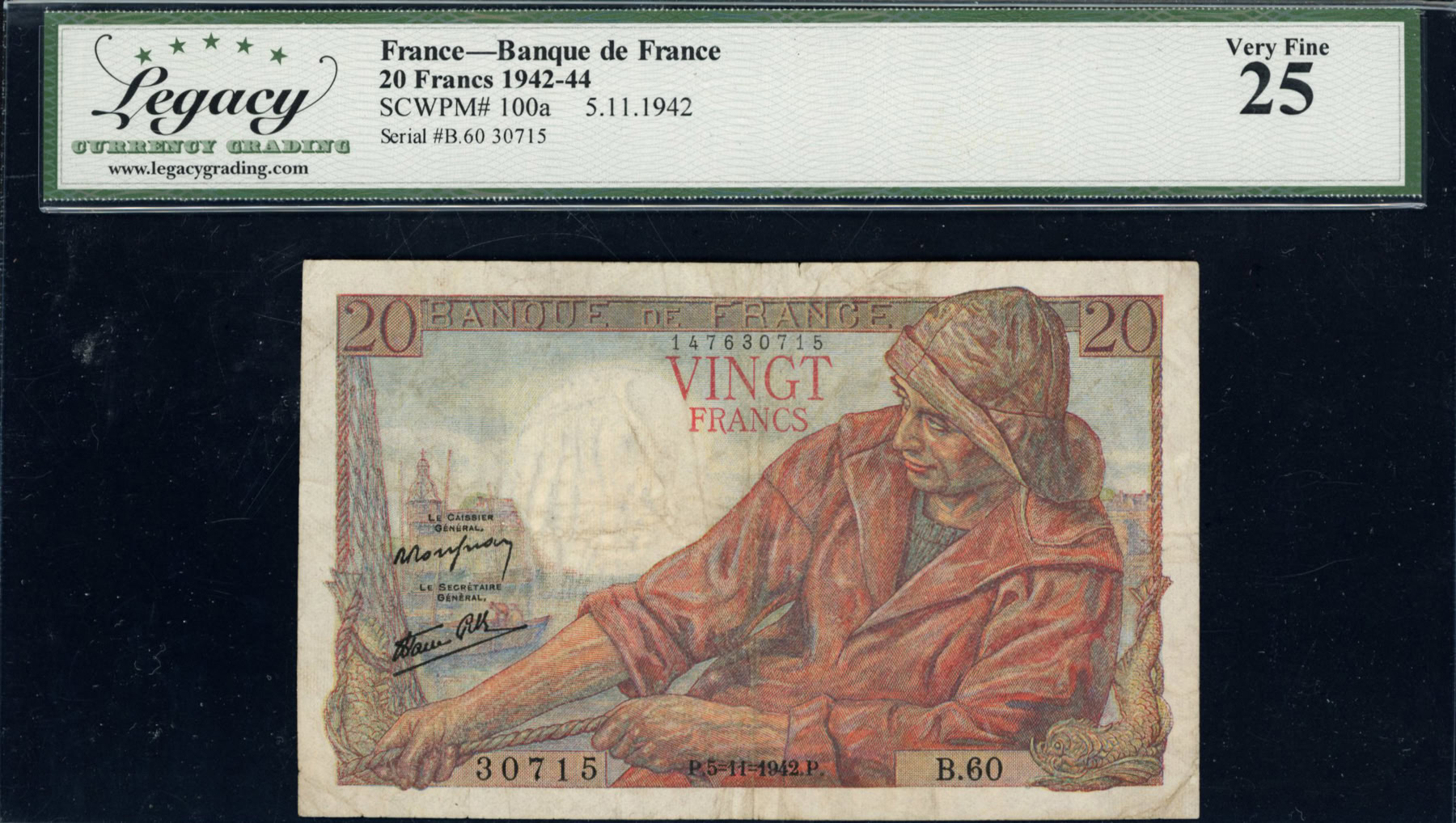 France 1942 20 France Banque de France Note SCWPM-100a Legacy Very Fine ...