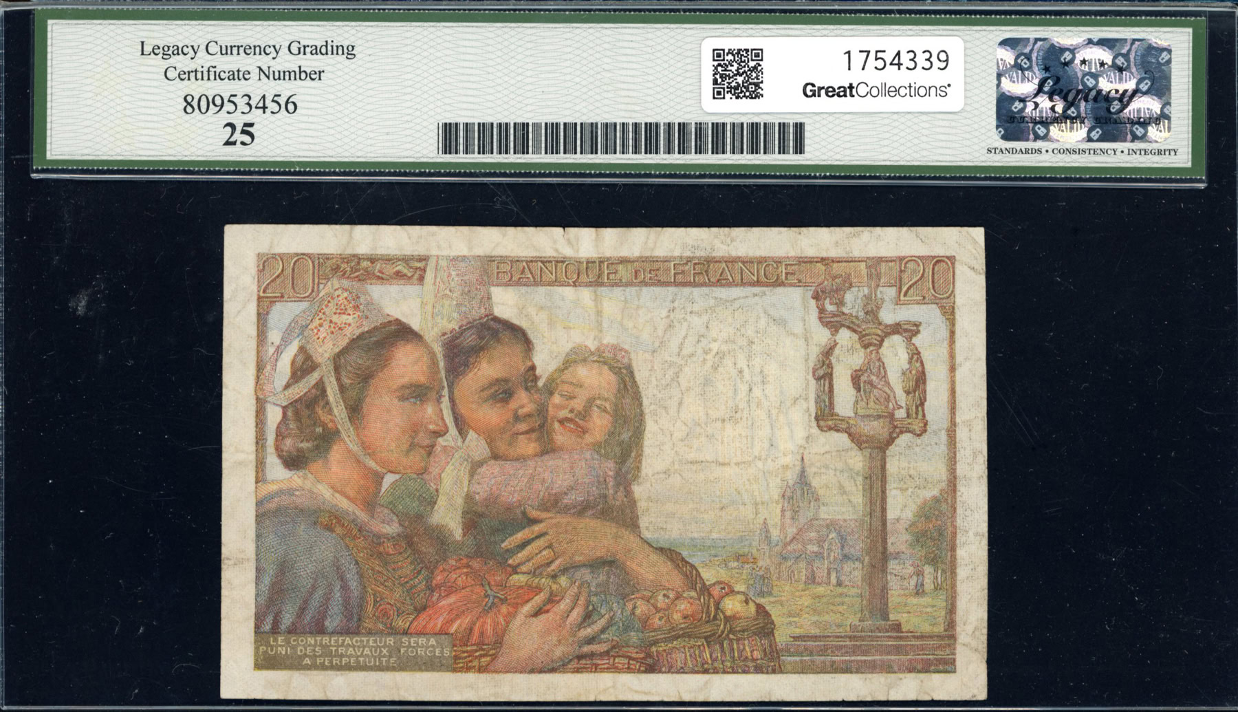 France 1942 20 France Banque de France Note SCWPM-100a Legacy Very Fine ...