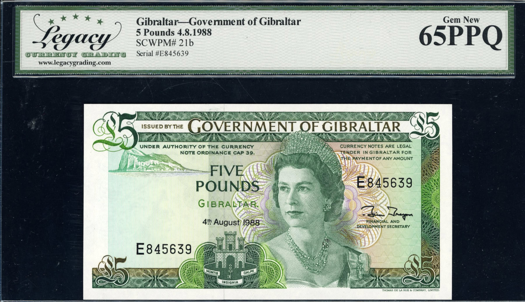 Gibraltar 1988 £5 Government of Gibraltar Note SCWPM-21b Legacy Gem New ...
