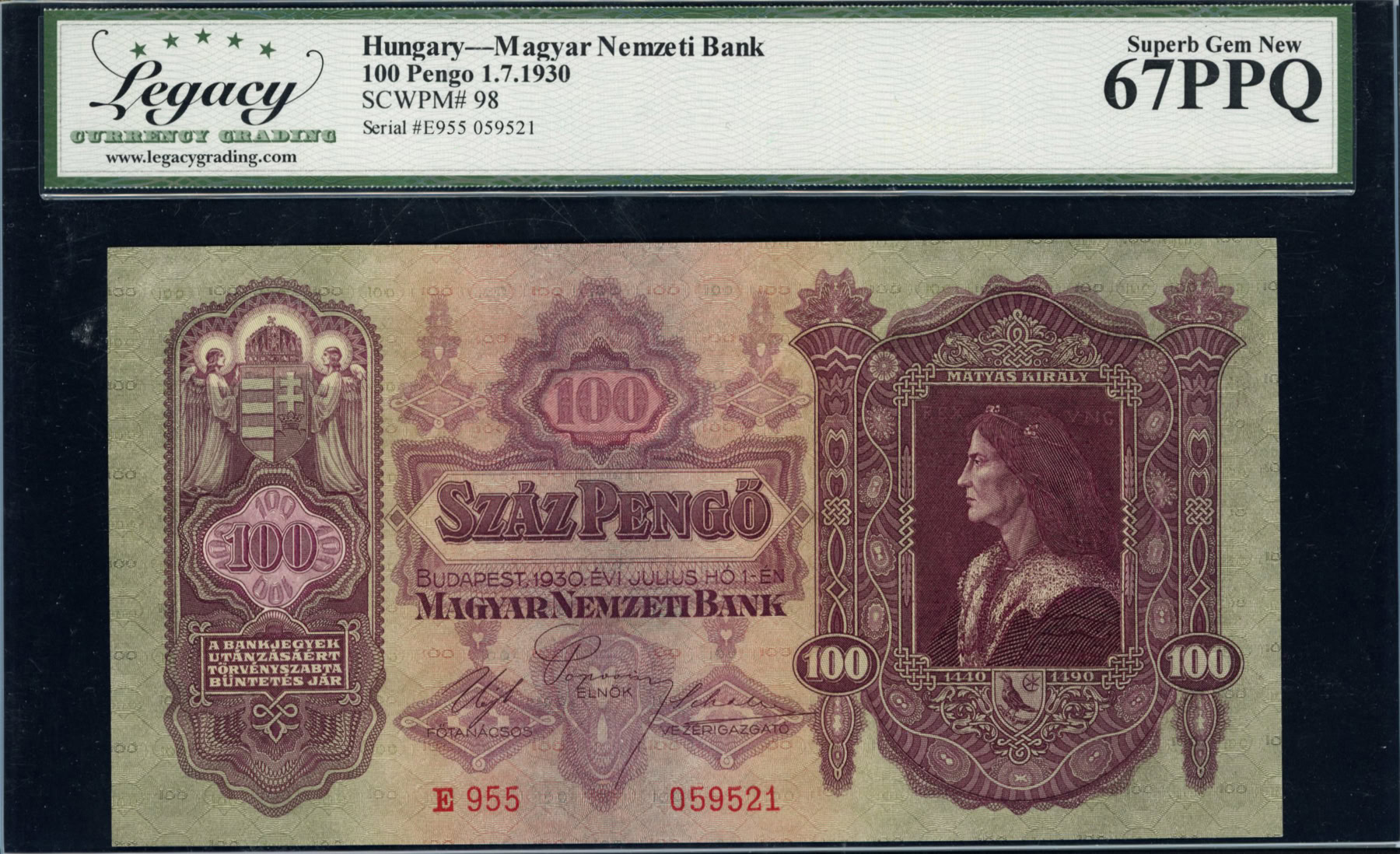 Hungary 1930 100 Pengo Magyar Nemzeti Bank Note SCWPM-98 Legacy Superb Gem New 67 PPQ | Legacy ...