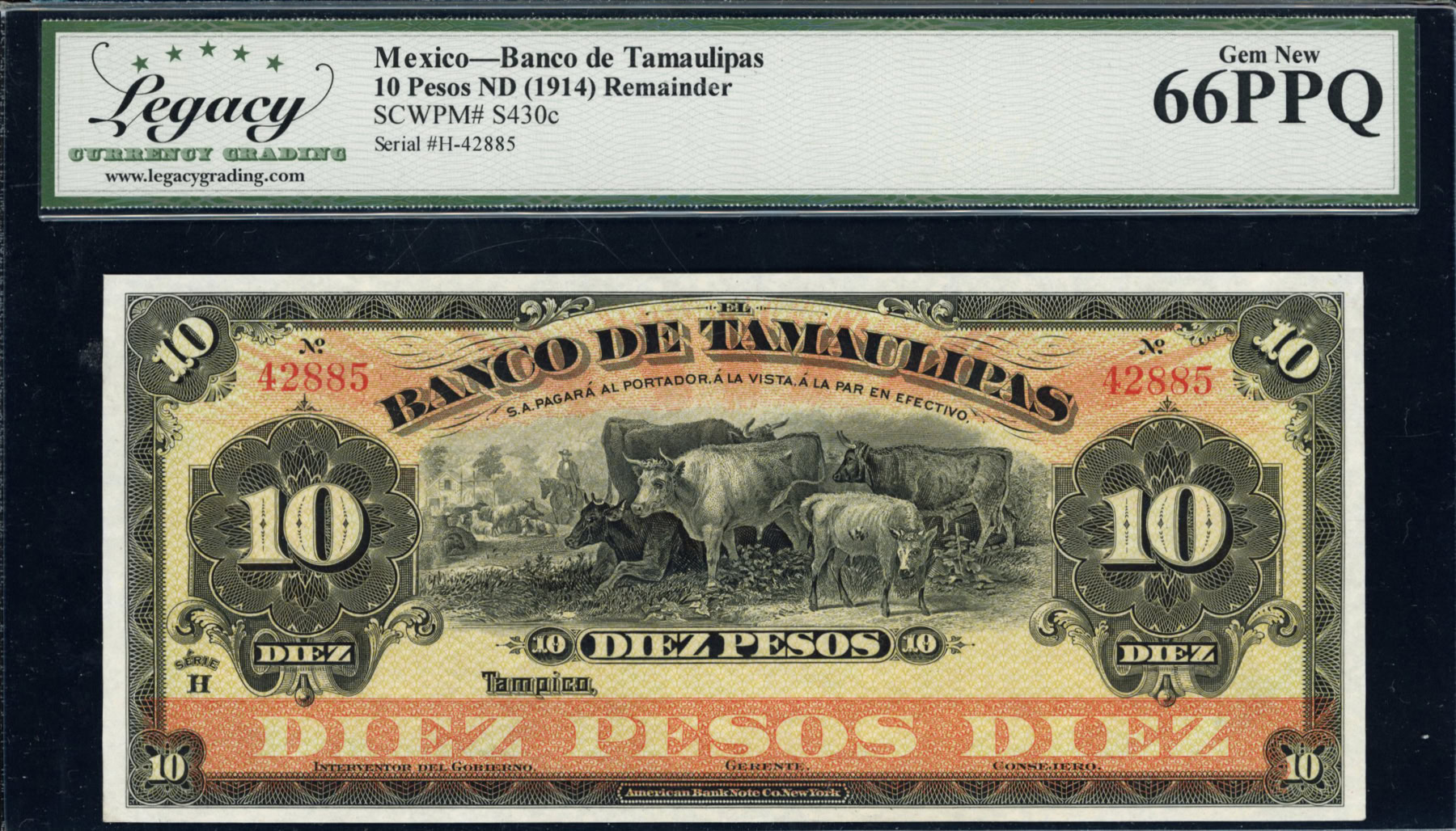 Mexico ND (1914) 10 Pesos Banco de Tamaulipas Remainder Note SCWPM-S430c Legacy Gem New 66 PPQ ...