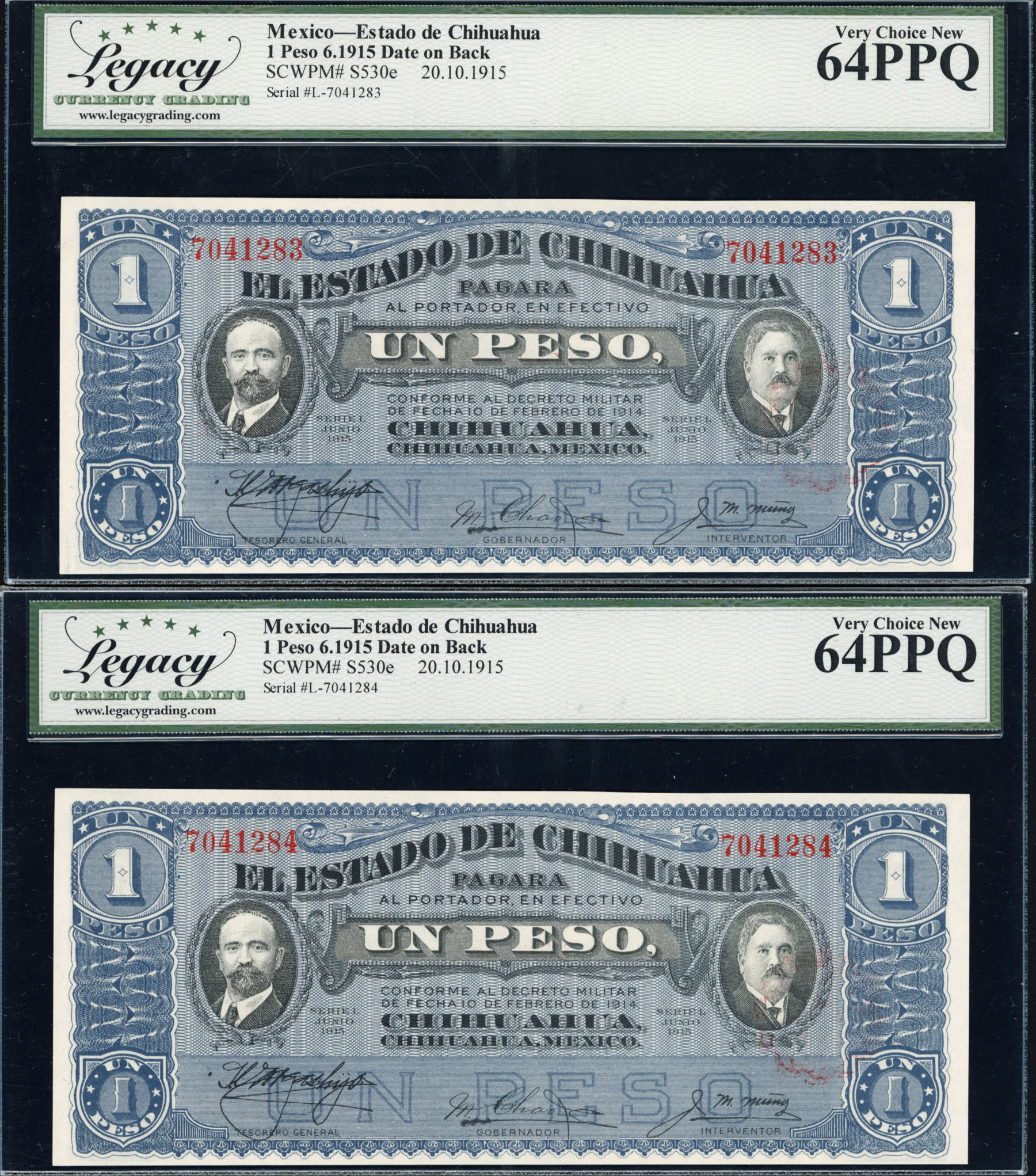 Mexico 1915 1 Peso Estado de Chihuahua Notes Sequential Serial Number ...