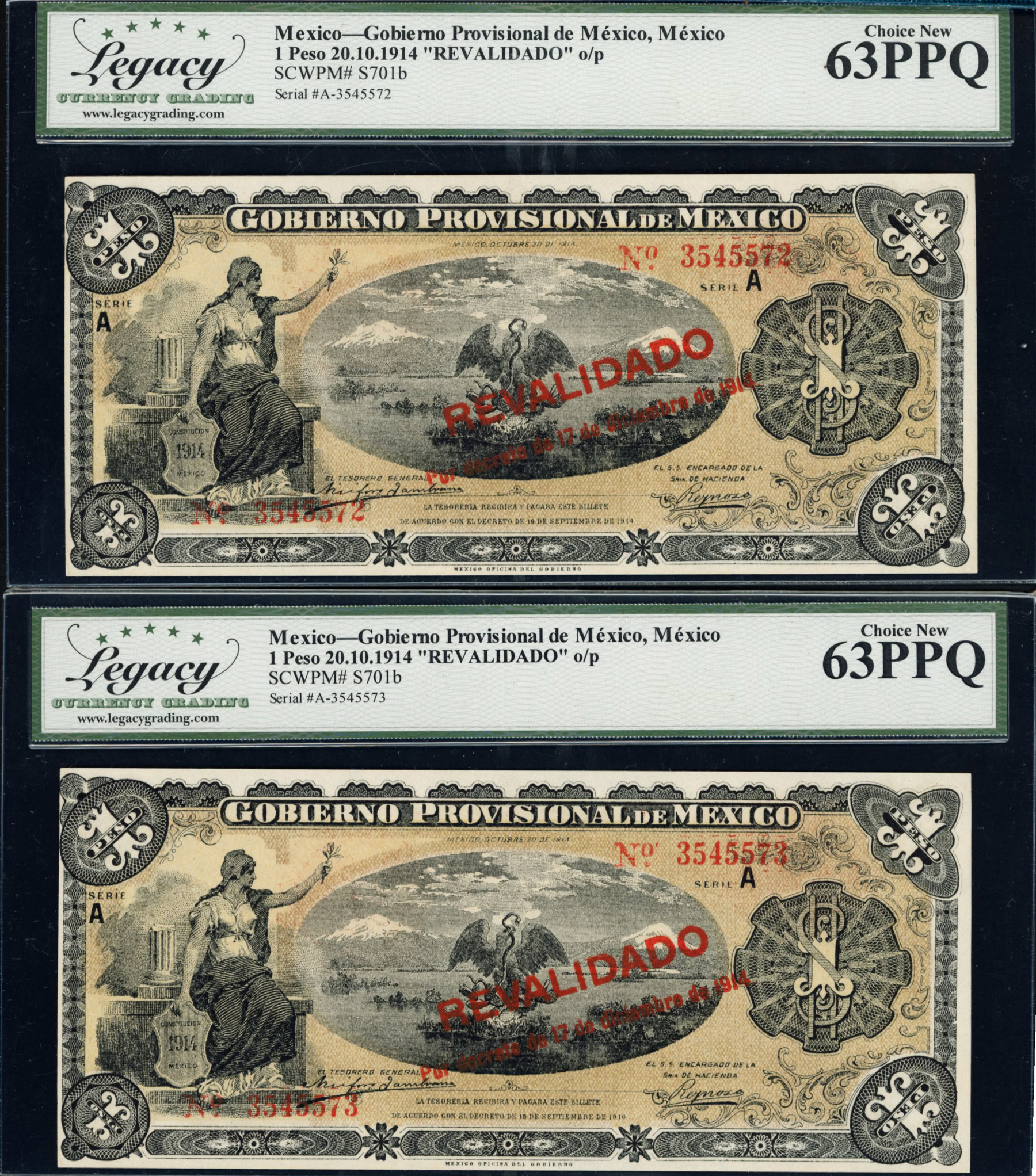 Mexico 1914 1 Peso Gobierno Provisional de Mexico Notes Sequential ...