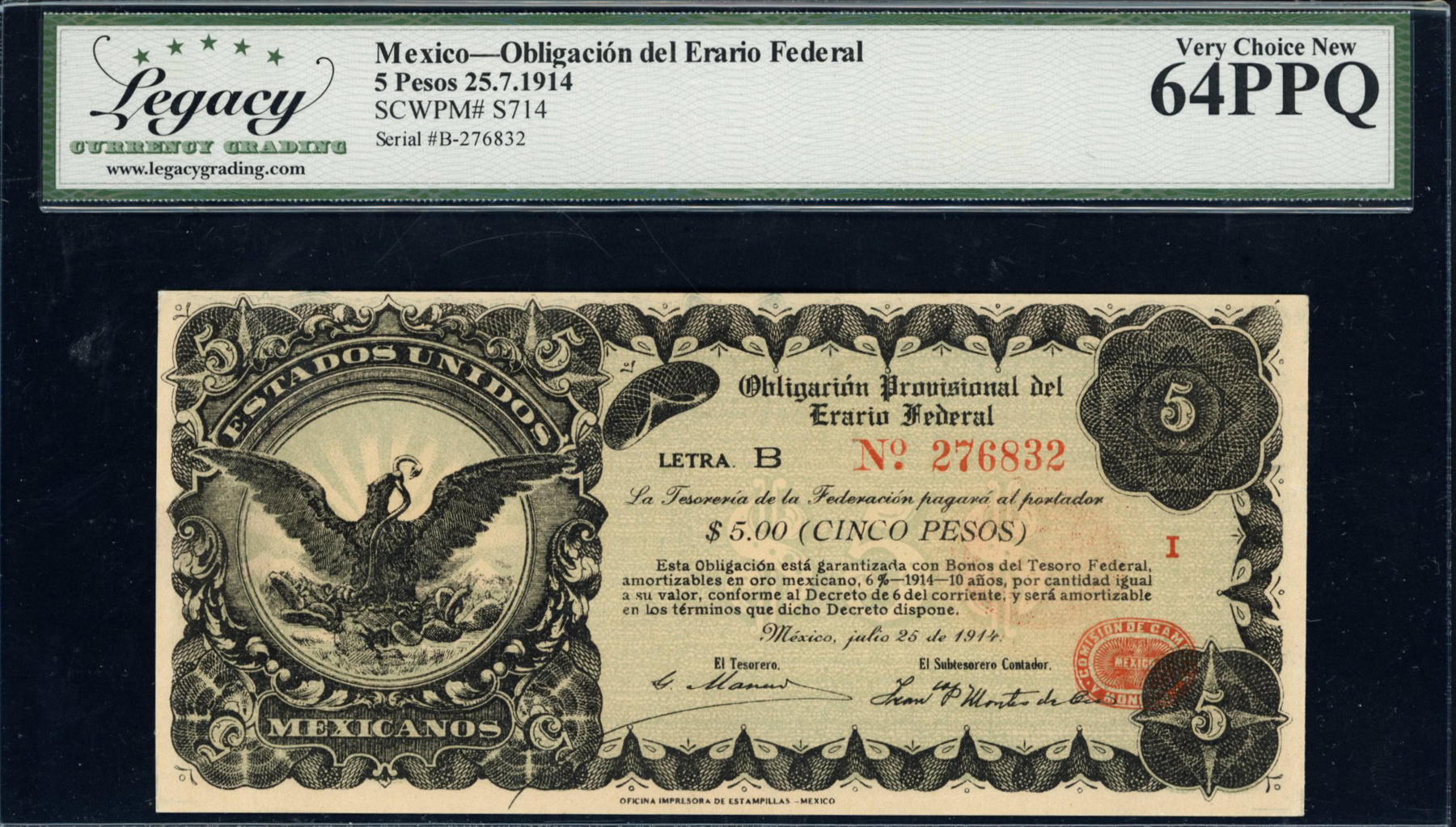 Mexico 1914 5 Pesos Obligacion del Erario Federal Note SCWPM-S714 ...