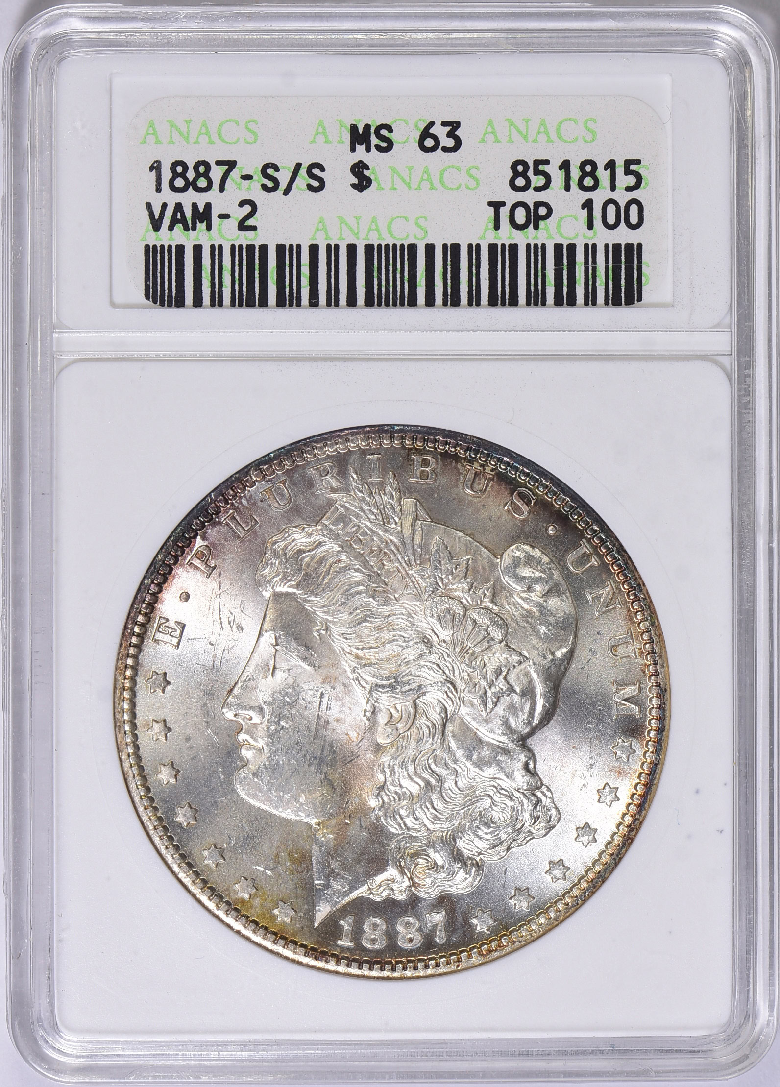 1887-S/S Morgan Silver Dollar VAM-2 ANACS MS-63 OH (Toned) (Item 1754519) | GreatCollections ...