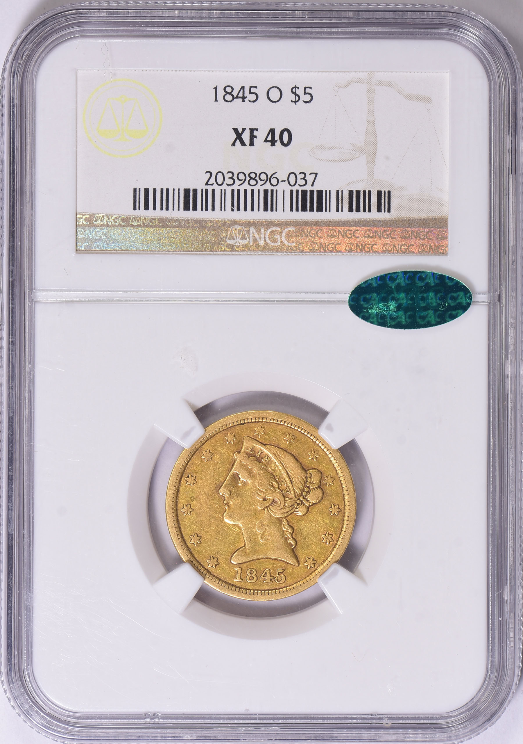 1845-O Liberty Gold Half Eagle NGC XF-40 (CAC Green) (Item 1754555) | GreatCollections Coin Auctions
