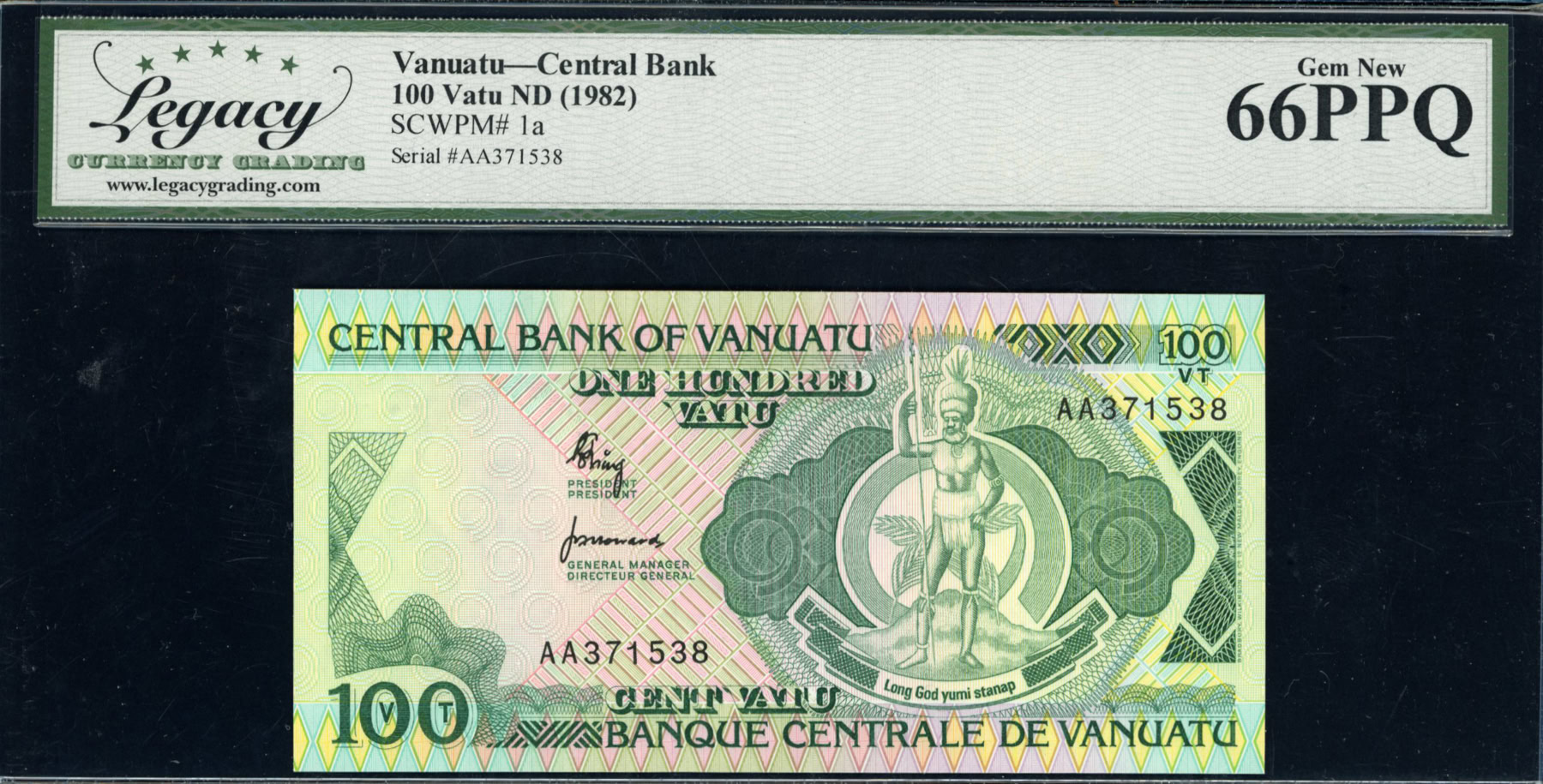 Vanuatu ND (1982) 100 Vatu Central Bank Note SCWPM-1a Legacy Gem New 66 PPQ | Legacy Cert ...