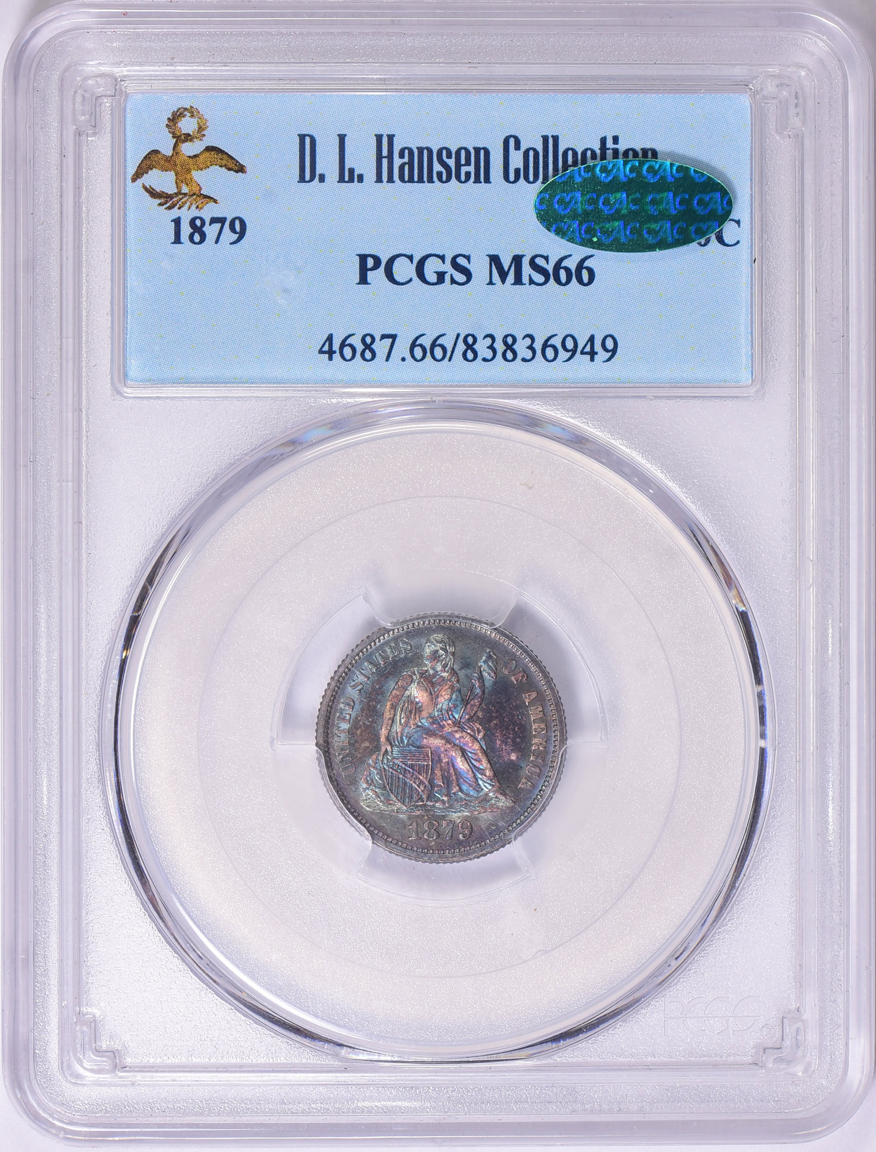 1879 Seated Liberty Dime PCGS MS-66 (CAC Green) (Toned) (D.L. Hansen ...