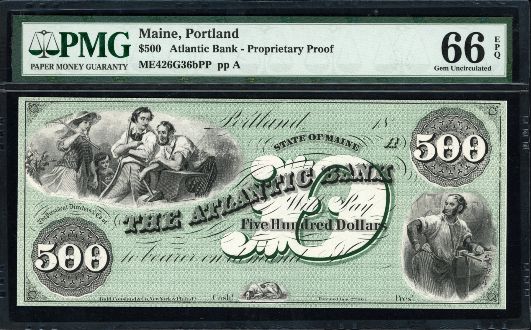 1850's Portland, Maine The Atlantic Bank $500 Face Only Proprietary ...