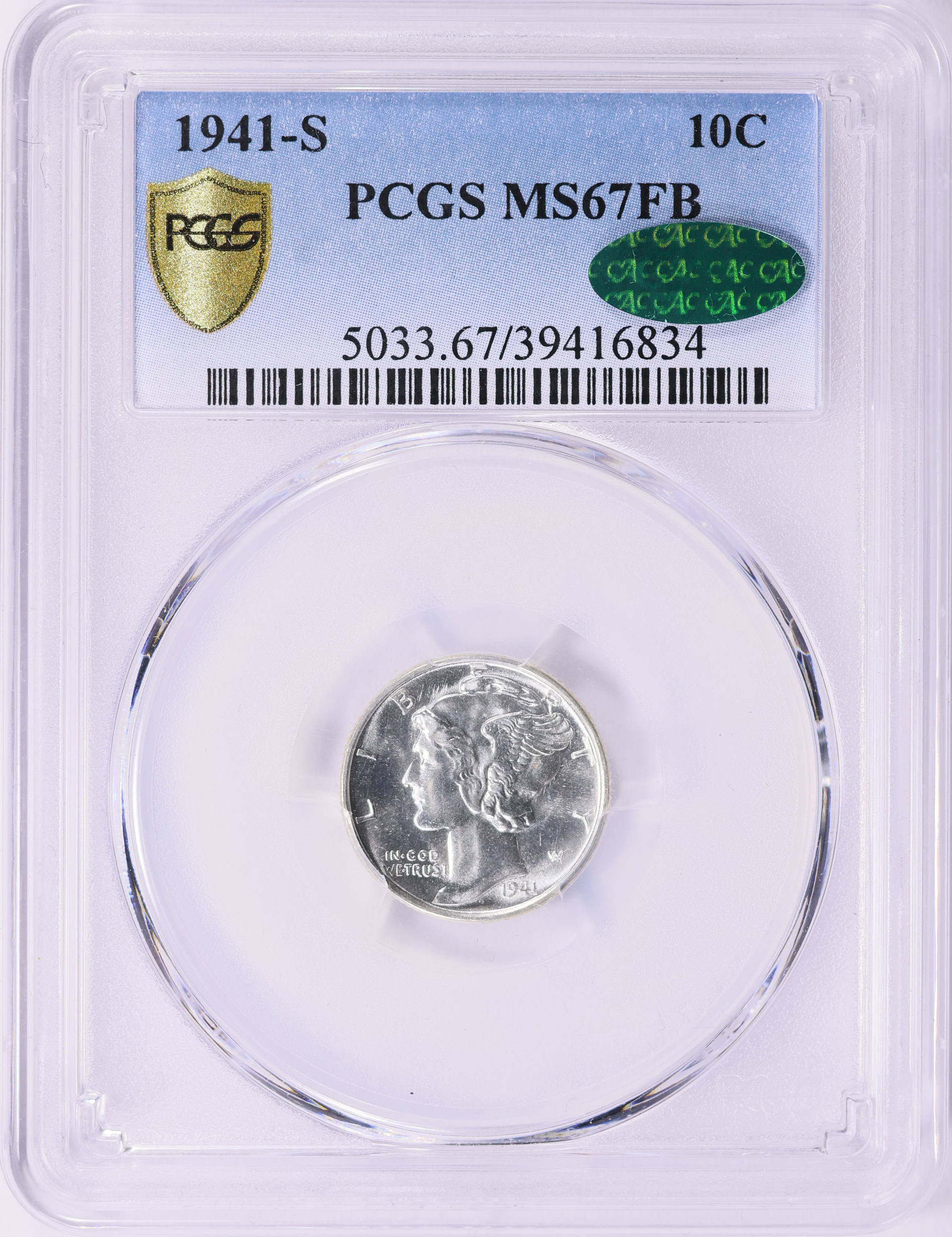 1941-S Mercury Dime PCGS MS-67 FB (CAC Green) (Item 1754814) | GreatCollections Coin Auctions