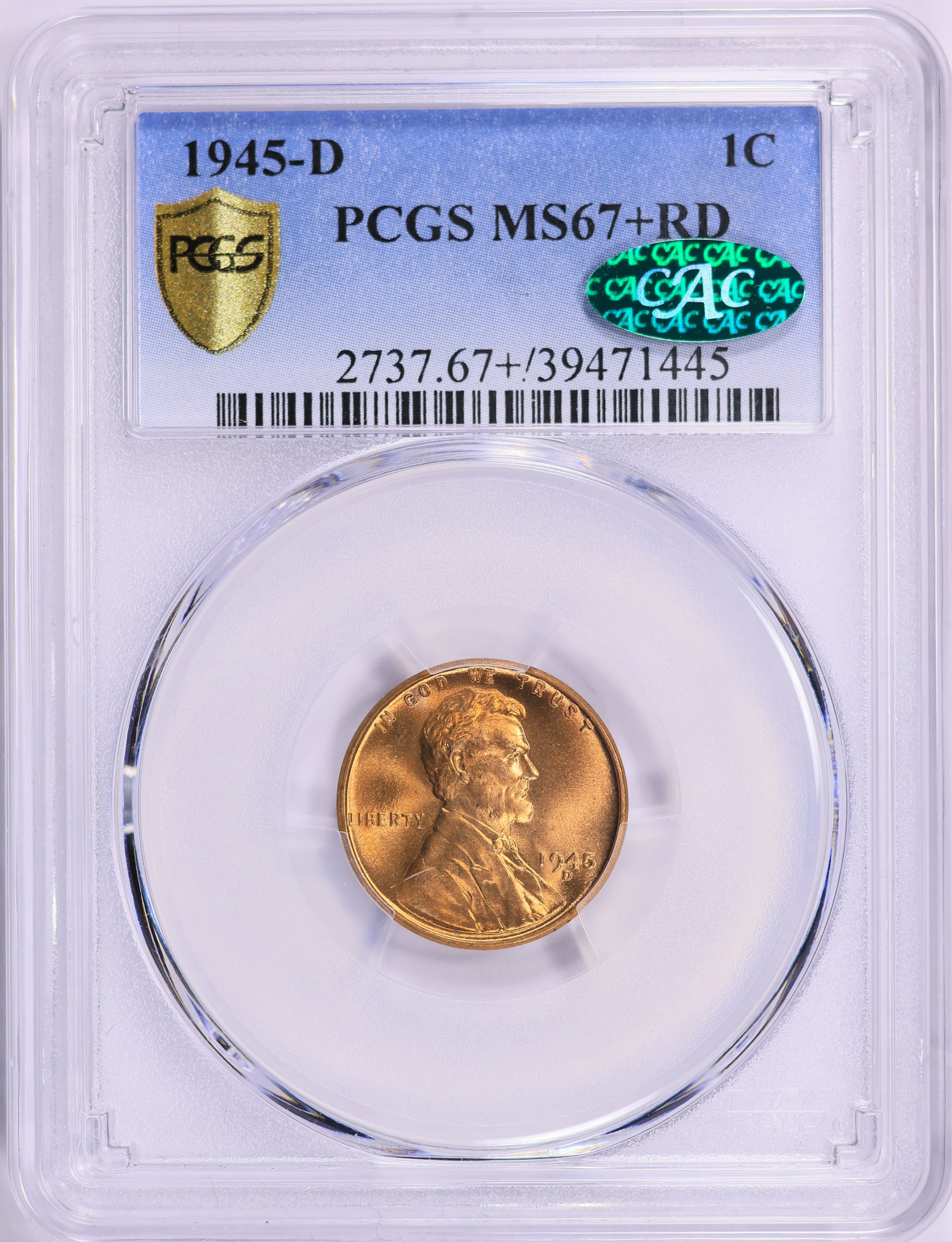 1945-D Lincoln Cent PCGS MS-67+ RD (CAC Green) (Item 1754826) | GreatCollections Coin Auctions