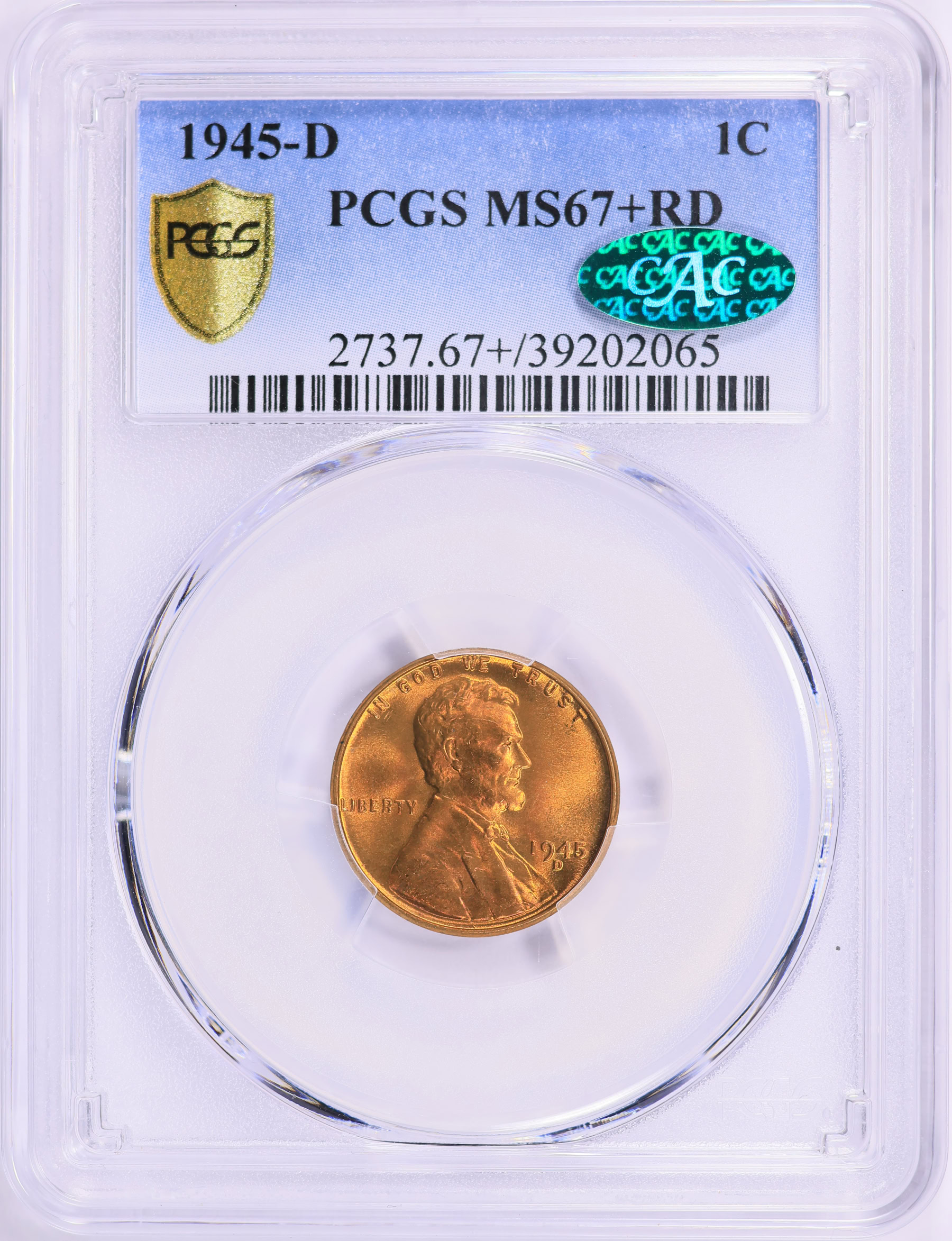 1945-D Lincoln Cent PCGS MS-67+ RD (CAC Green) (Item 1754841) | GreatCollections Coin Auctions