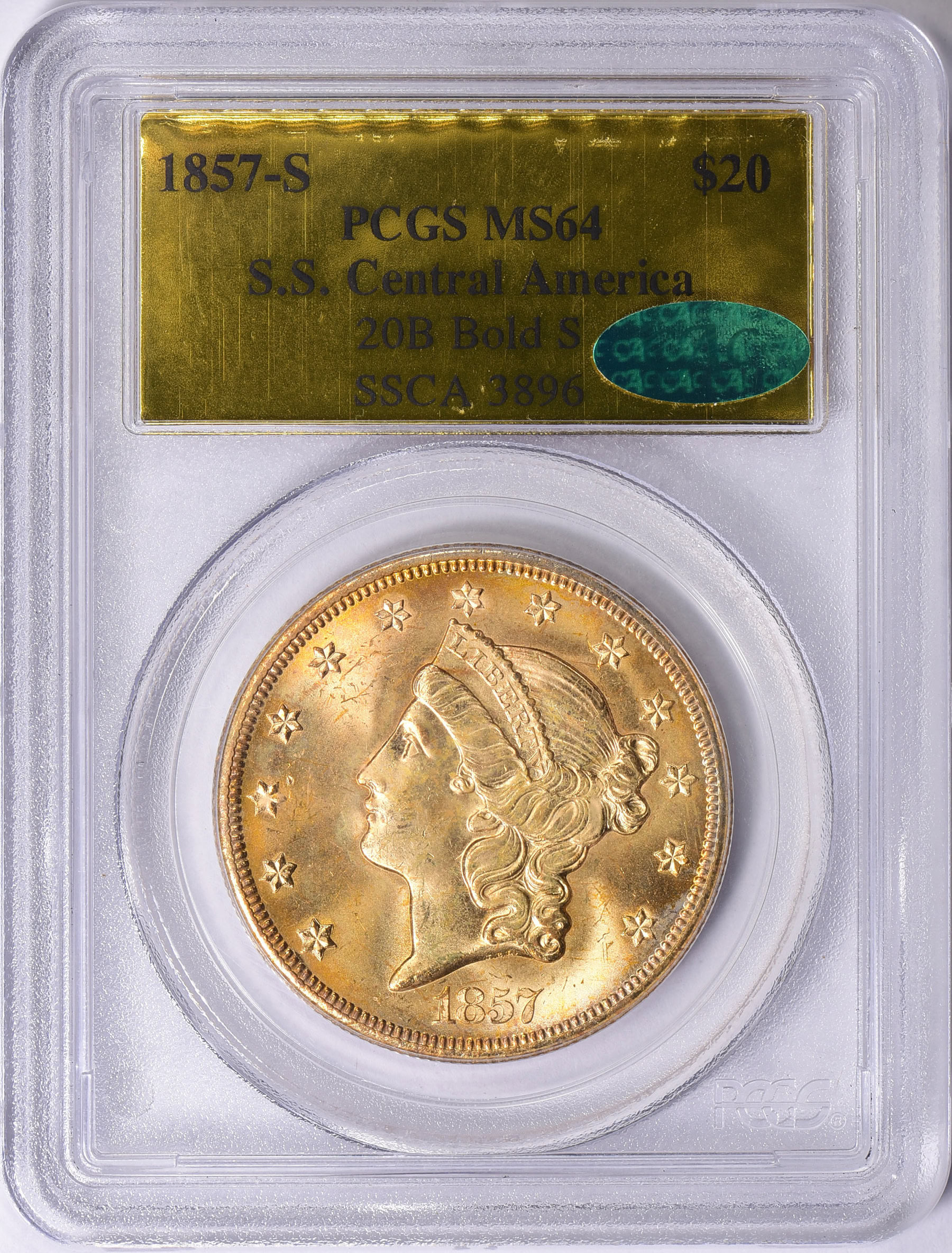 1857-S Liberty Gold Double Eagle 20B Bold S Shipwreck SS Central America PCGS MS-64 (Gold Foil ...
