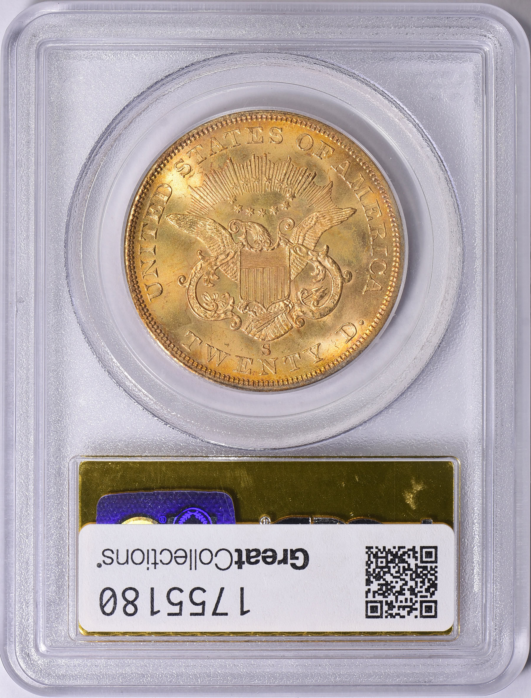 1857-S Liberty Gold Double Eagle 20B Bold S Shipwreck SS Central America PCGS MS-64 (Gold Foil ...