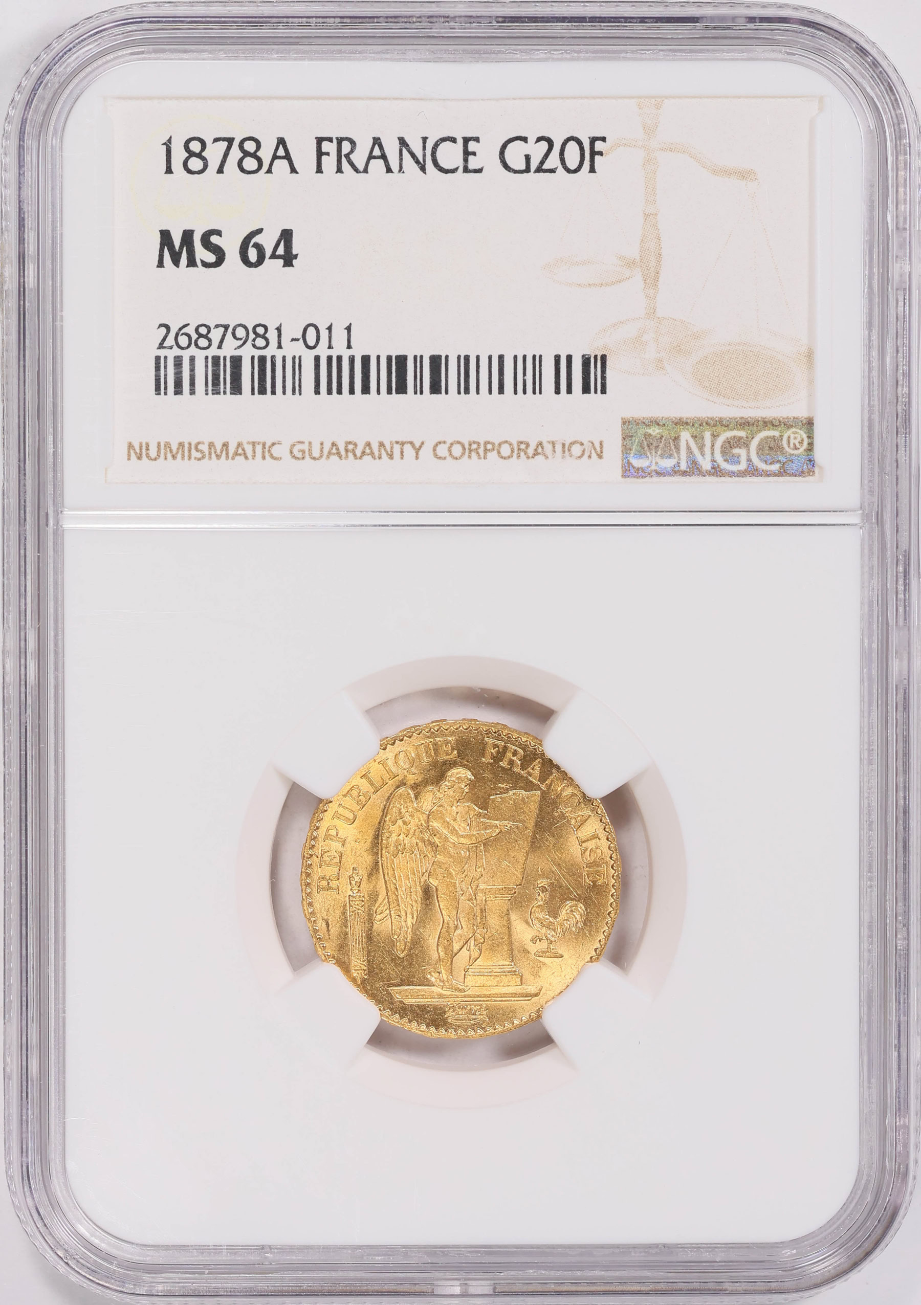 France 1878-A Gold 20 Francs KM-825 NGC MS-64 (AGW = 0.1867 oz.) (Item 1755192 ...