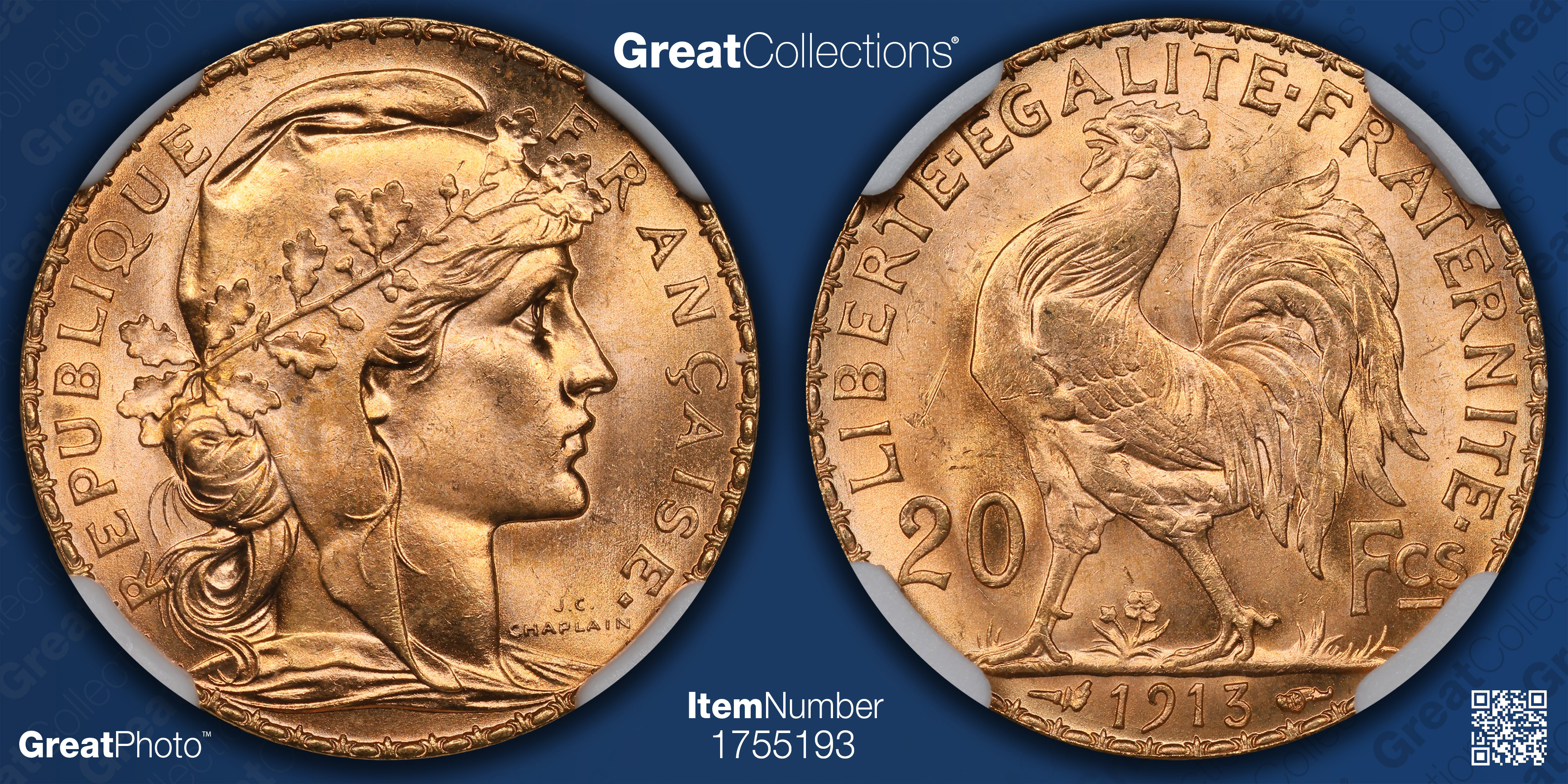 France 1913 Gold 20 Francs KM-857 NGC MS-65+ (AGW = 0.1866 oz.) (Item ...