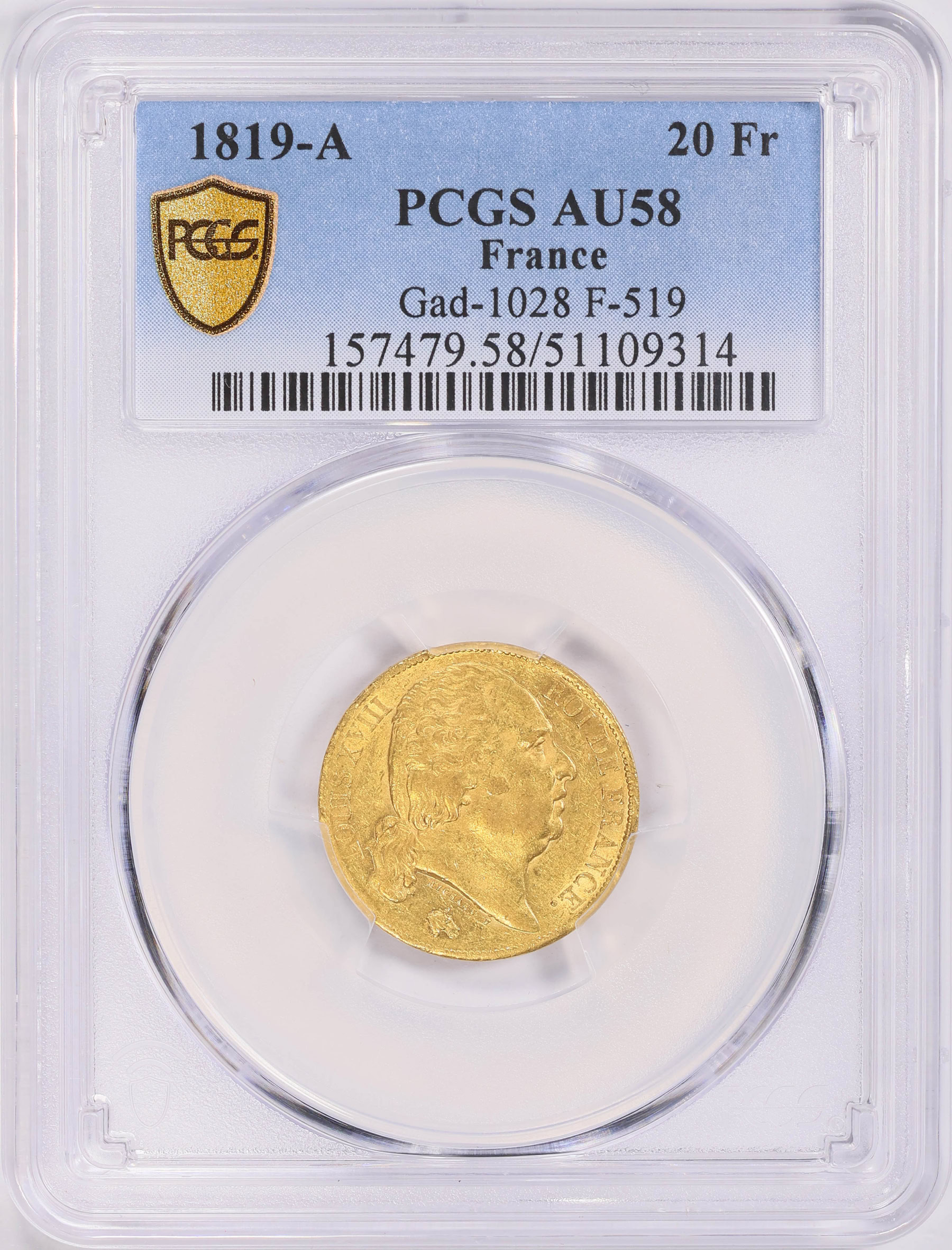 France 1819-A Gold 20 Francs KM-712.1 PCGS AU-58 (AGW = 0.1867 oz ...