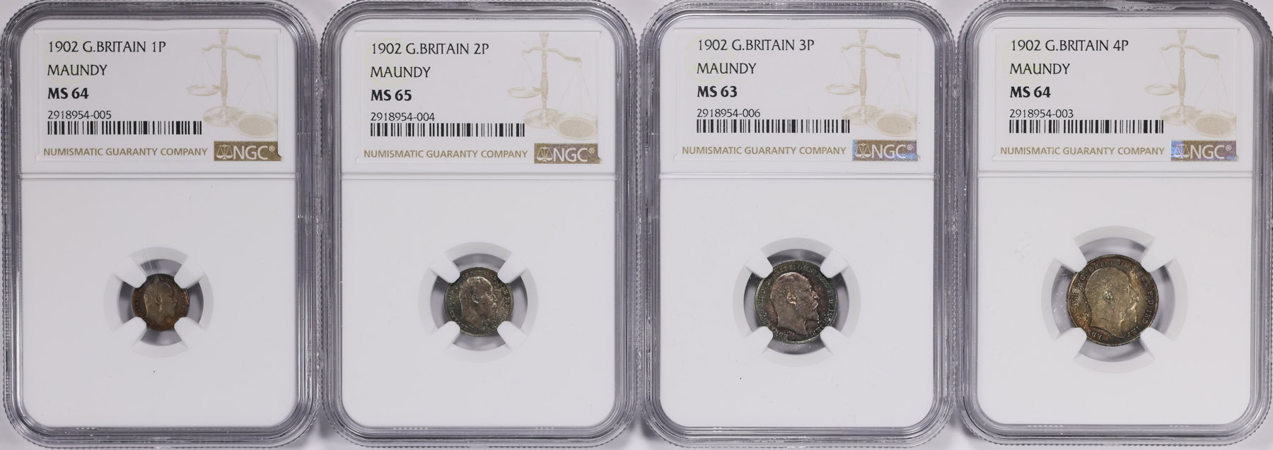 Great Britain 1902 Silver 1p, 2p, 3p & 4p Maundy Set KM-MDS158 NGC MS ...