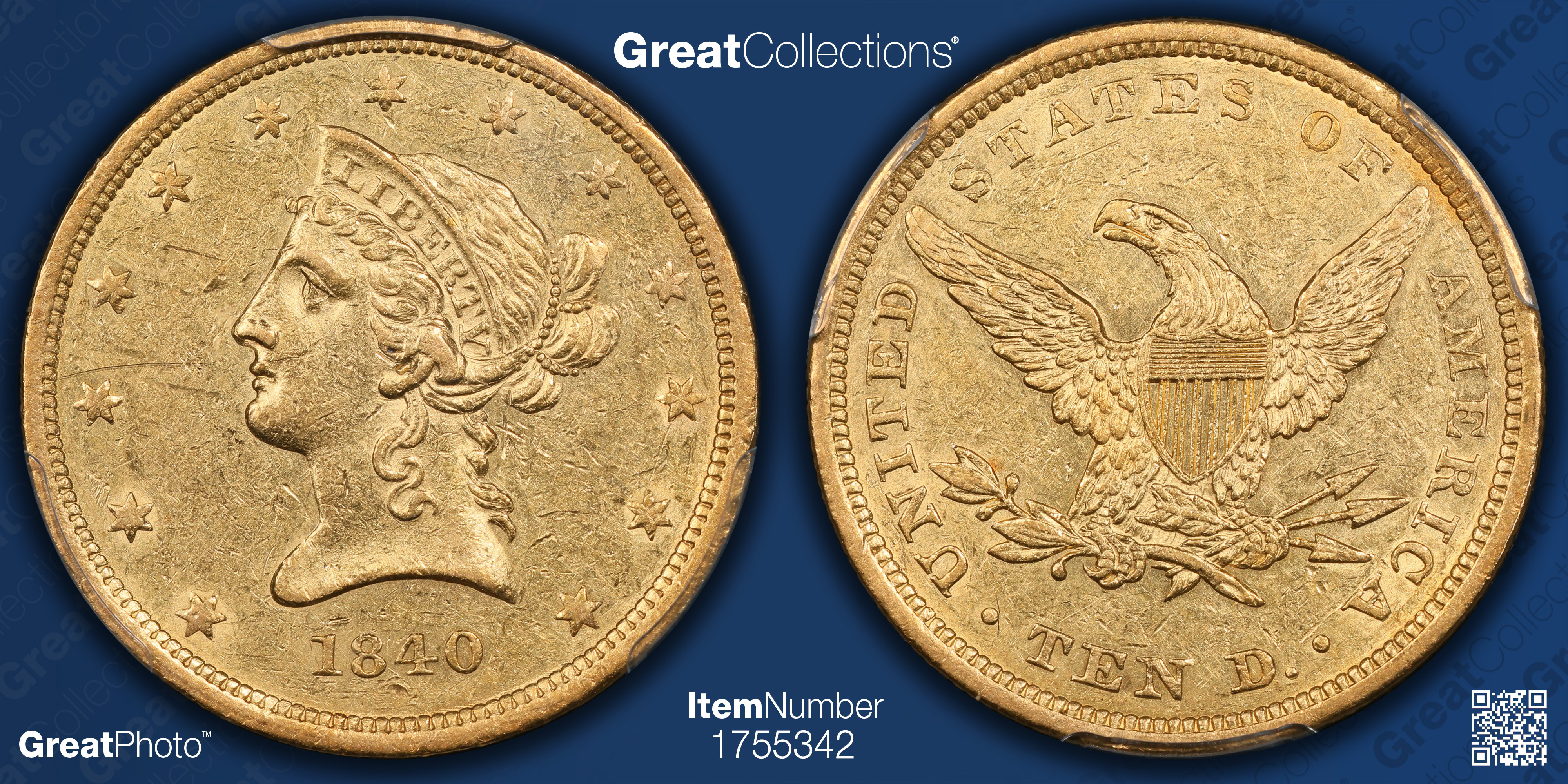 1840 Liberty Gold Eagle PCGS AU-50 (Item 1755342) | GreatCollections ...