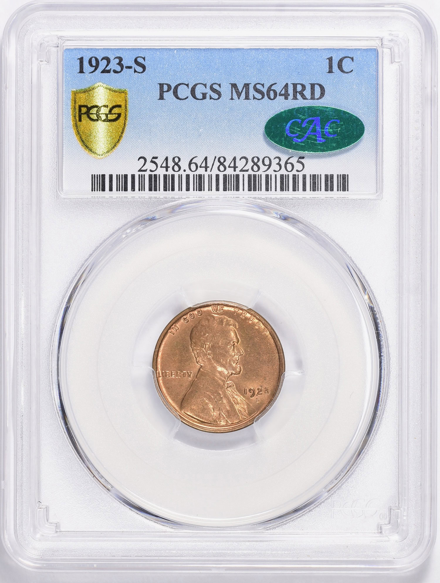 1923-S Lincoln Cent PCGS MS-64 RD (CAC Green) (Item 1755353) | GreatCollections Coin Auctions