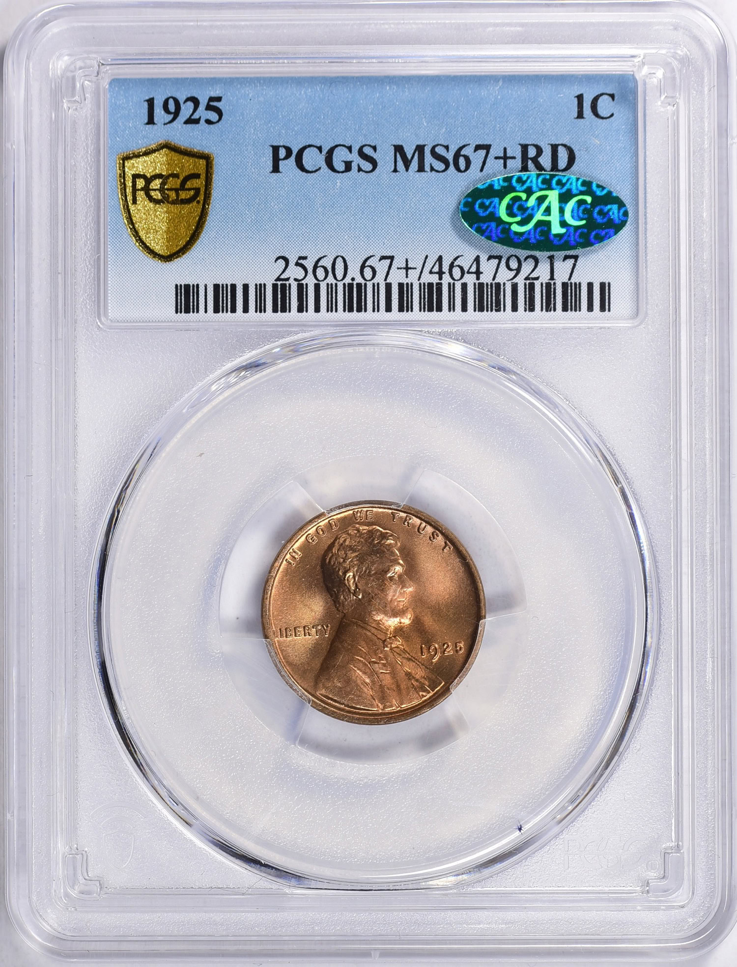 1925 Lincoln Cent PCGS MS-67+ RD (CAC Green) (Item 1755378) | GreatCollections Coin Auctions