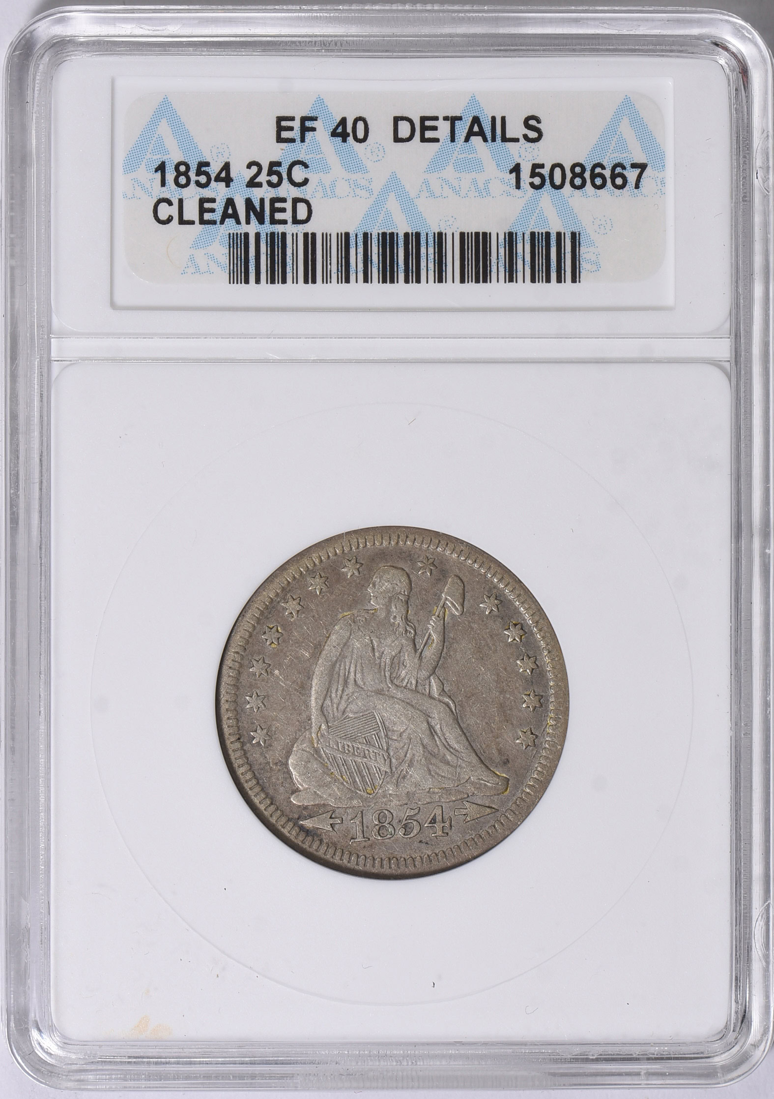 1854 Seated Liberty Quarter ANACS EF-40 Details OH (Item 1755417) | GreatCollections Coin Auctions