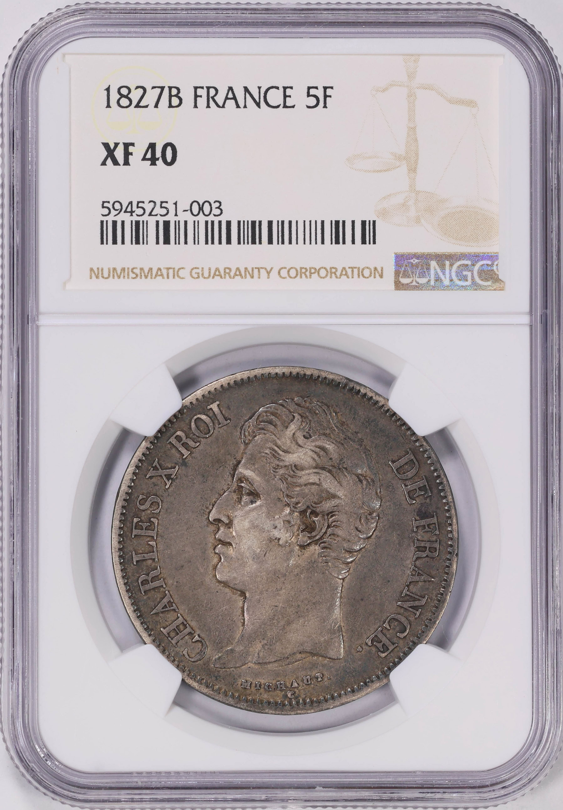 France 1827-B Silver 5 Francs KM-728.2 NGC XF-40 (Item 1755446 ...