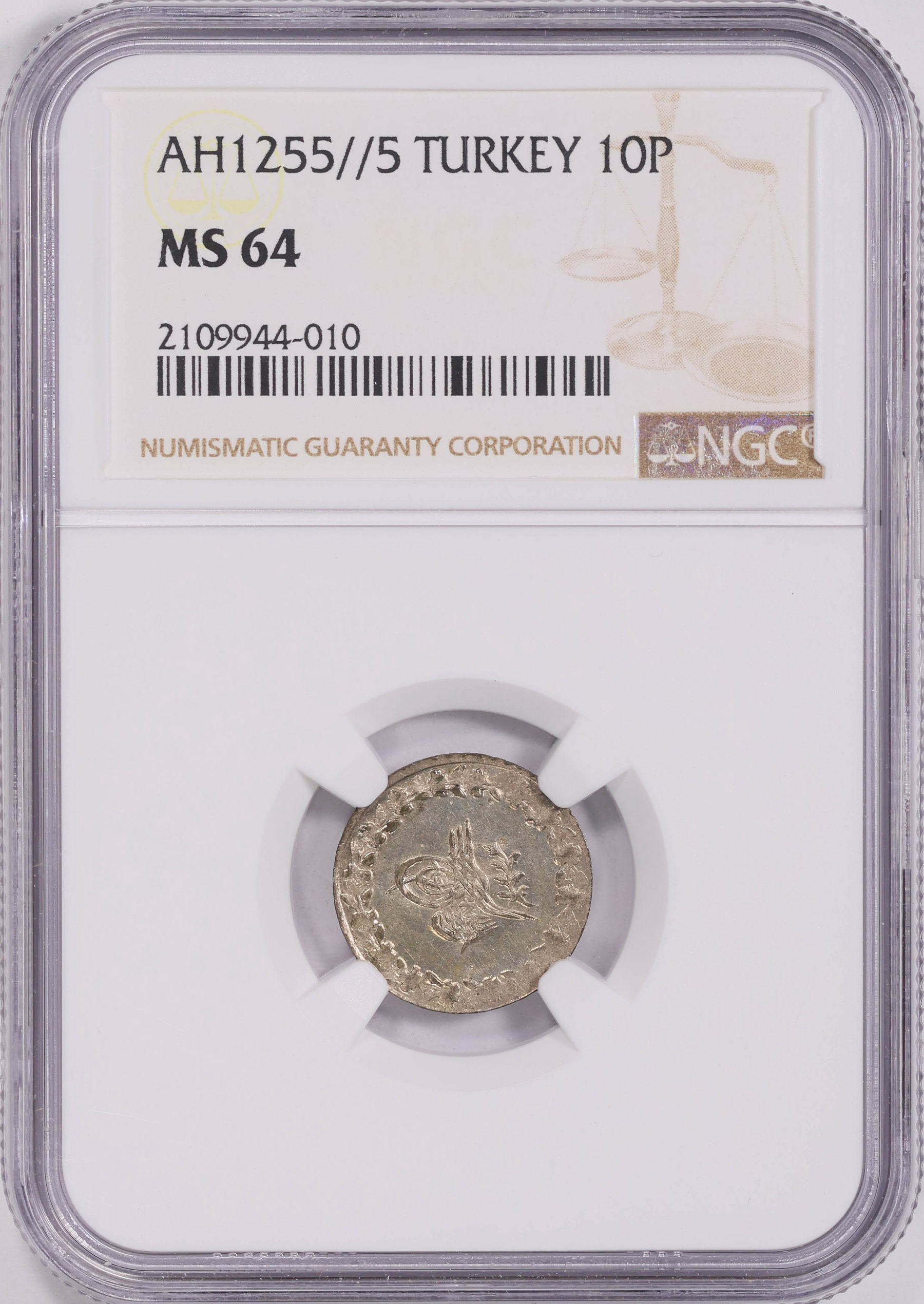 Turkey AH 1255 Year 5 (1843) Silver 10 Para KM-652 NGC MS-64 (Item ...