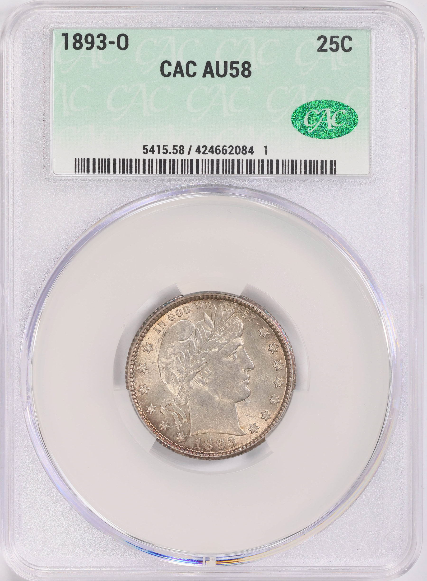 1893-O Barber Quarter CACG AU-58 (Item 1755486) | GreatCollections Coin ...