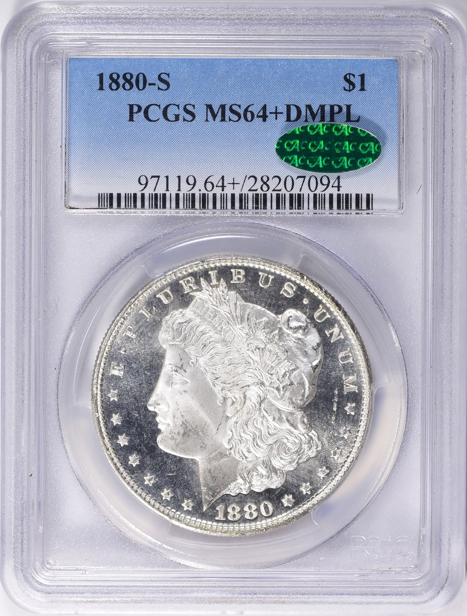 1880-S Morgan Silver Dollar PCGS MS-64+ DMPL (CAC Green) (Item 1755593) | GreatCollections Coin ...