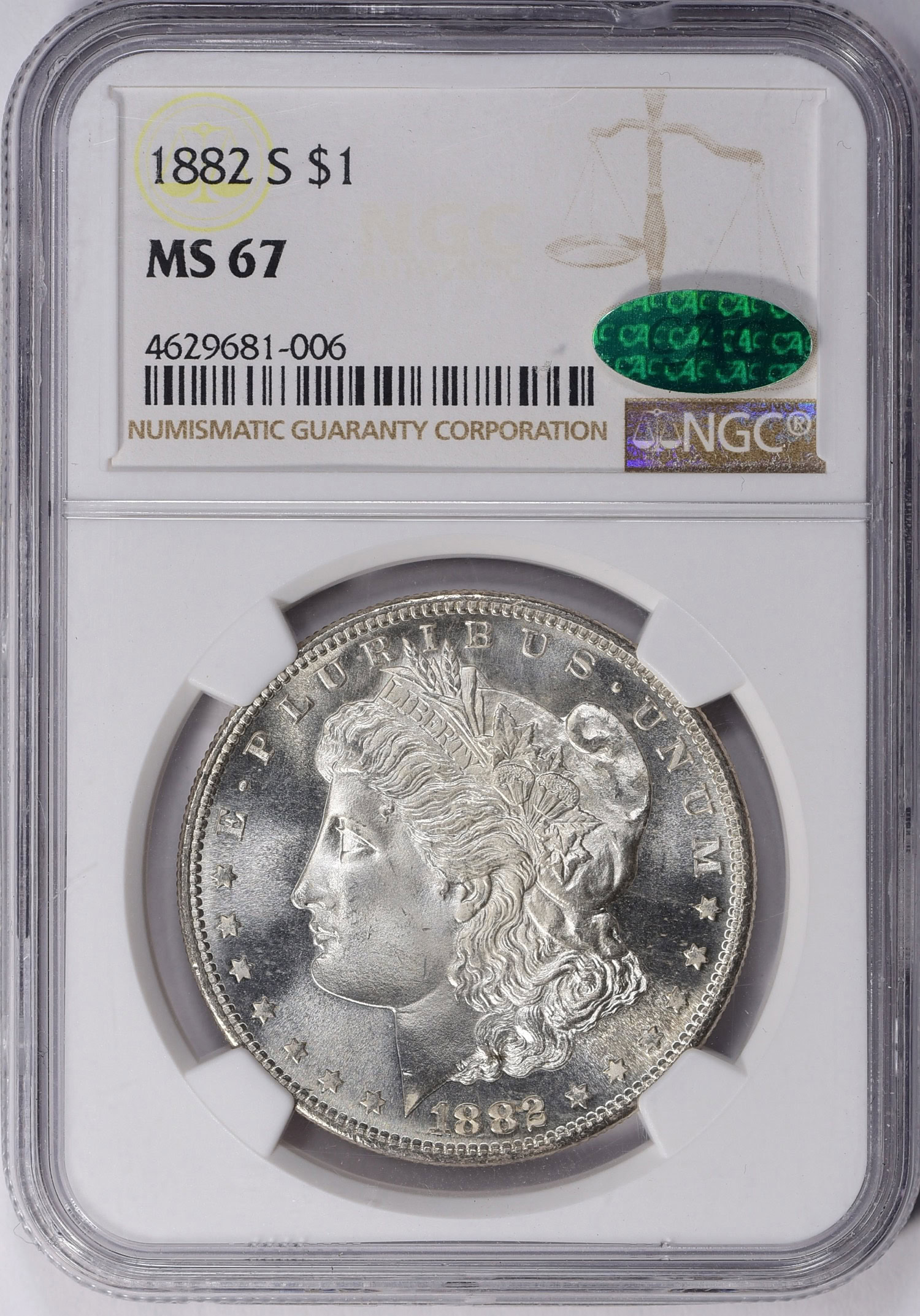1882-S Morgan Silver Dollar NGC MS-67 (CAC Green) (Item 1755601) | GreatCollections Coin Auctions