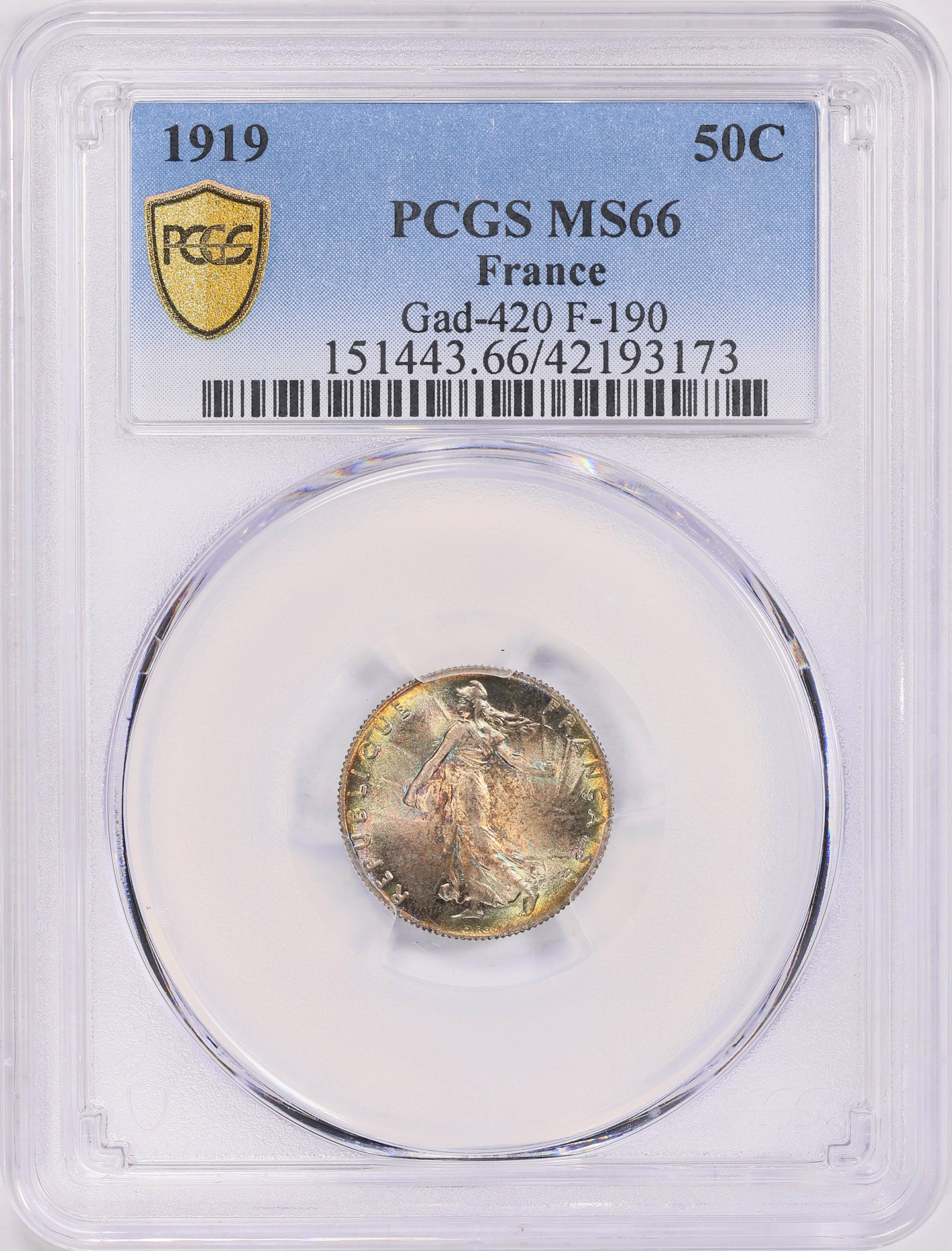 France 1919 Silver 50 Centimes KM-854 PCGS MS-66 (Toned) (Item 1755866 ...