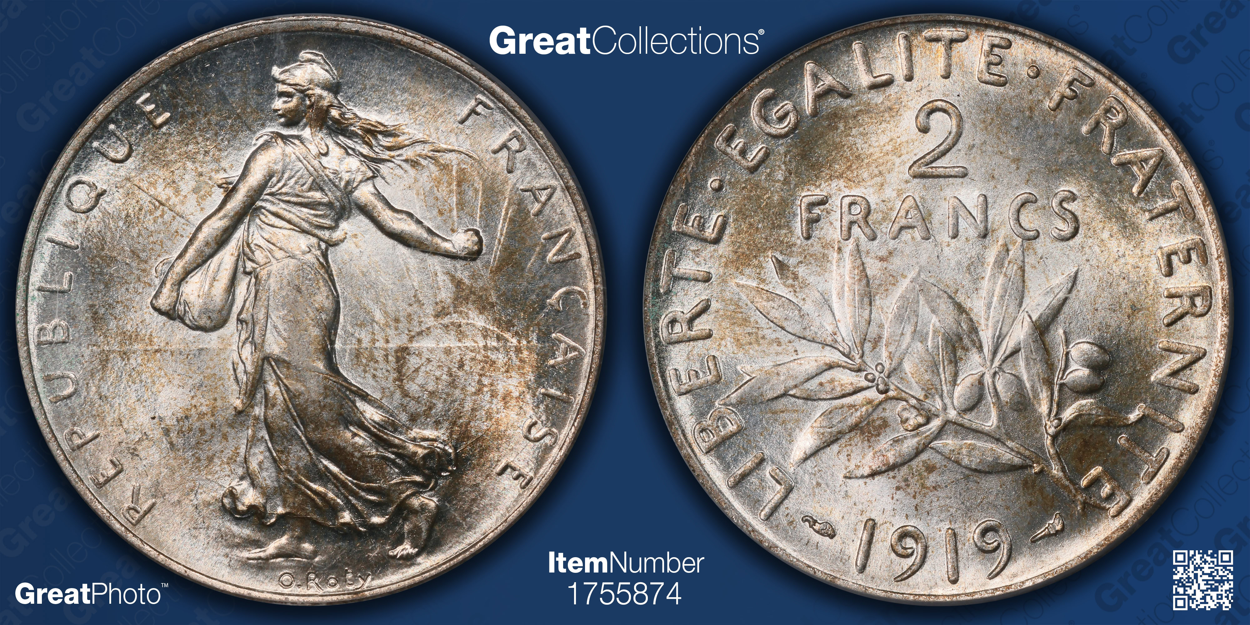 France 1919 Silver 2 Francs KM-845.1 PCGS MS-64 (Item 1755874 ...
