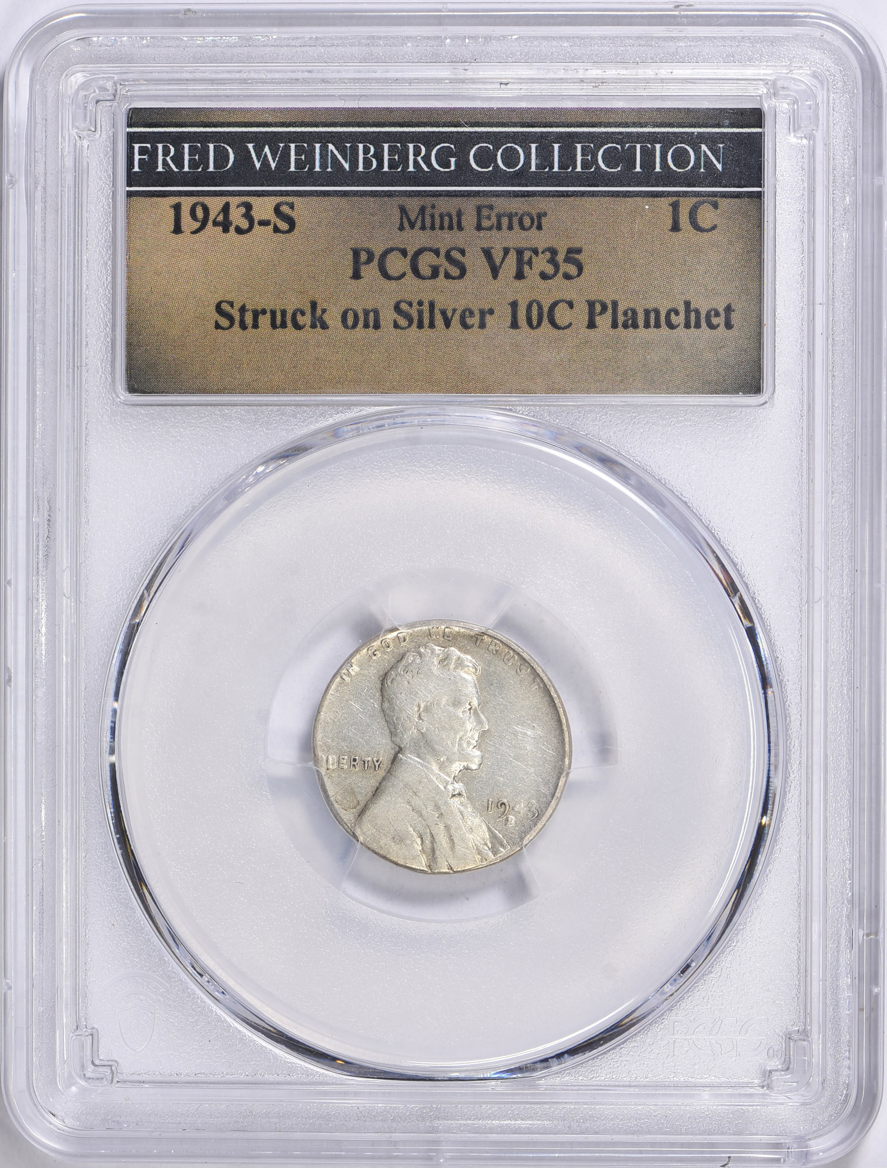 Mint Error 1943-S Lincoln Cent Struck on Silver 10c Planchet PCGS VF-35 ...
