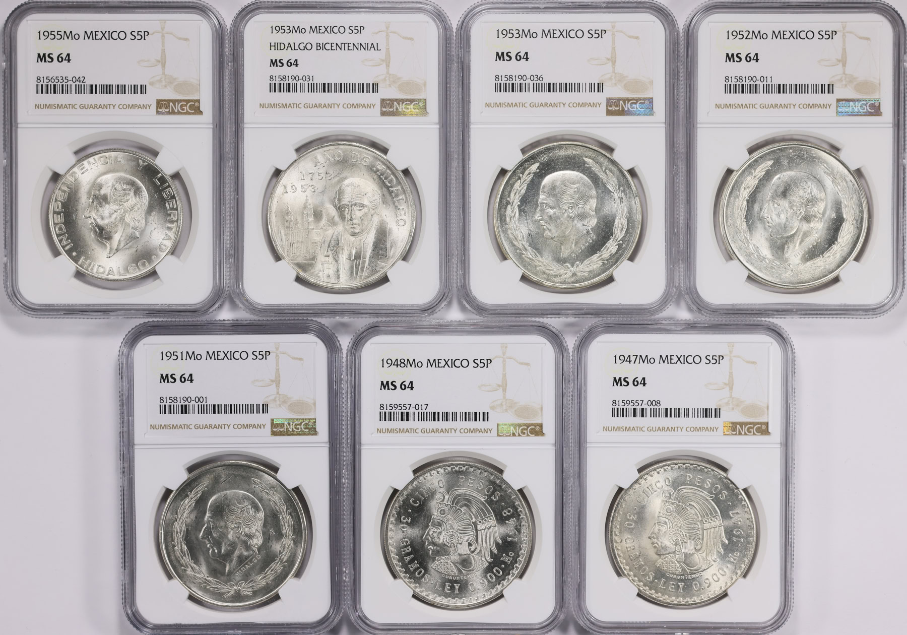 Mexico c.1947-55-Mo Silver 5 Pesos Selection MS-64 (7 Coins) (Item 1756062) | GreatCollections ...