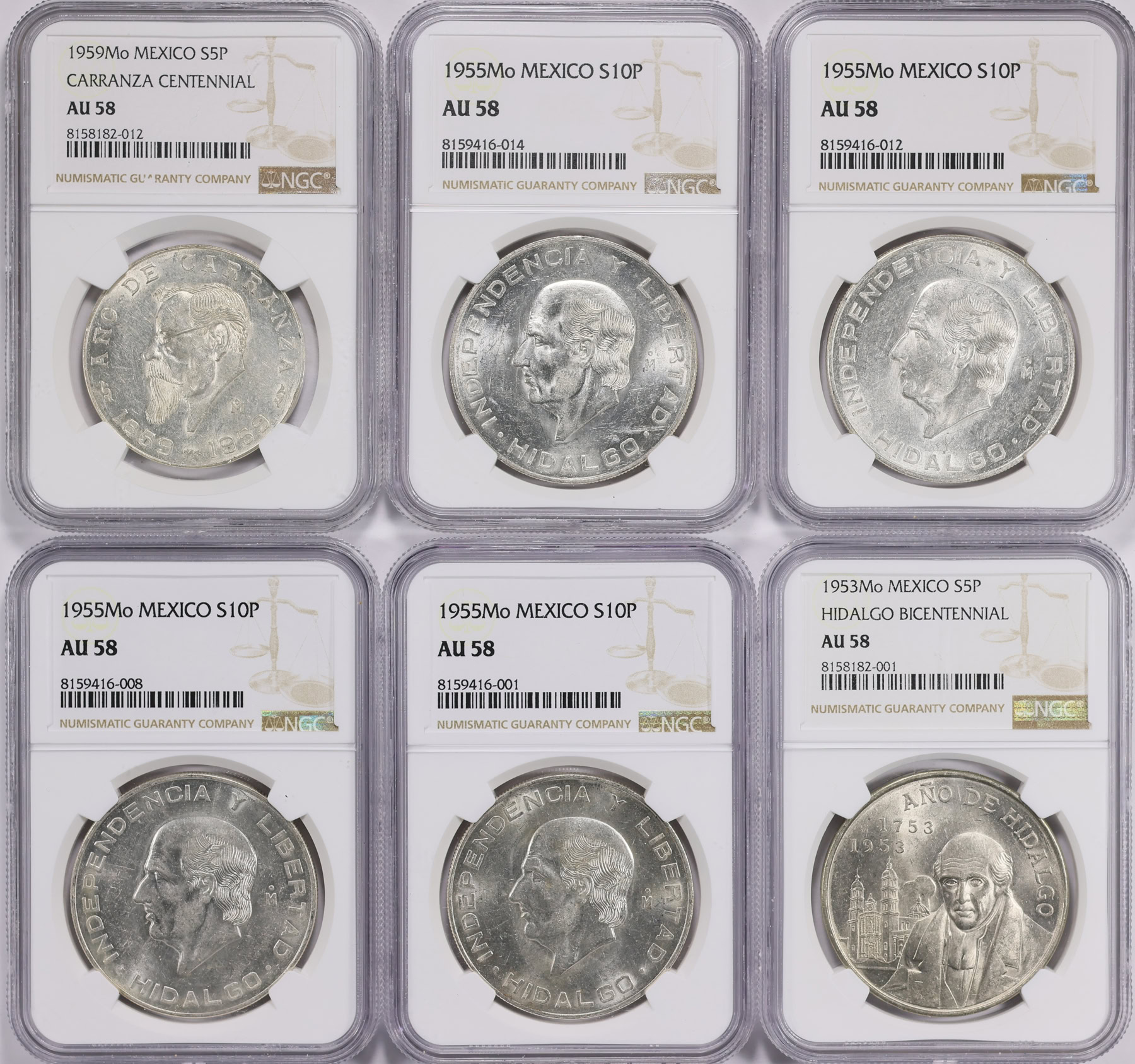 Mexico c.1953-59-Mo Silver 5 & 10 Pesos Selection NGC AU-58 (6 Coins ...