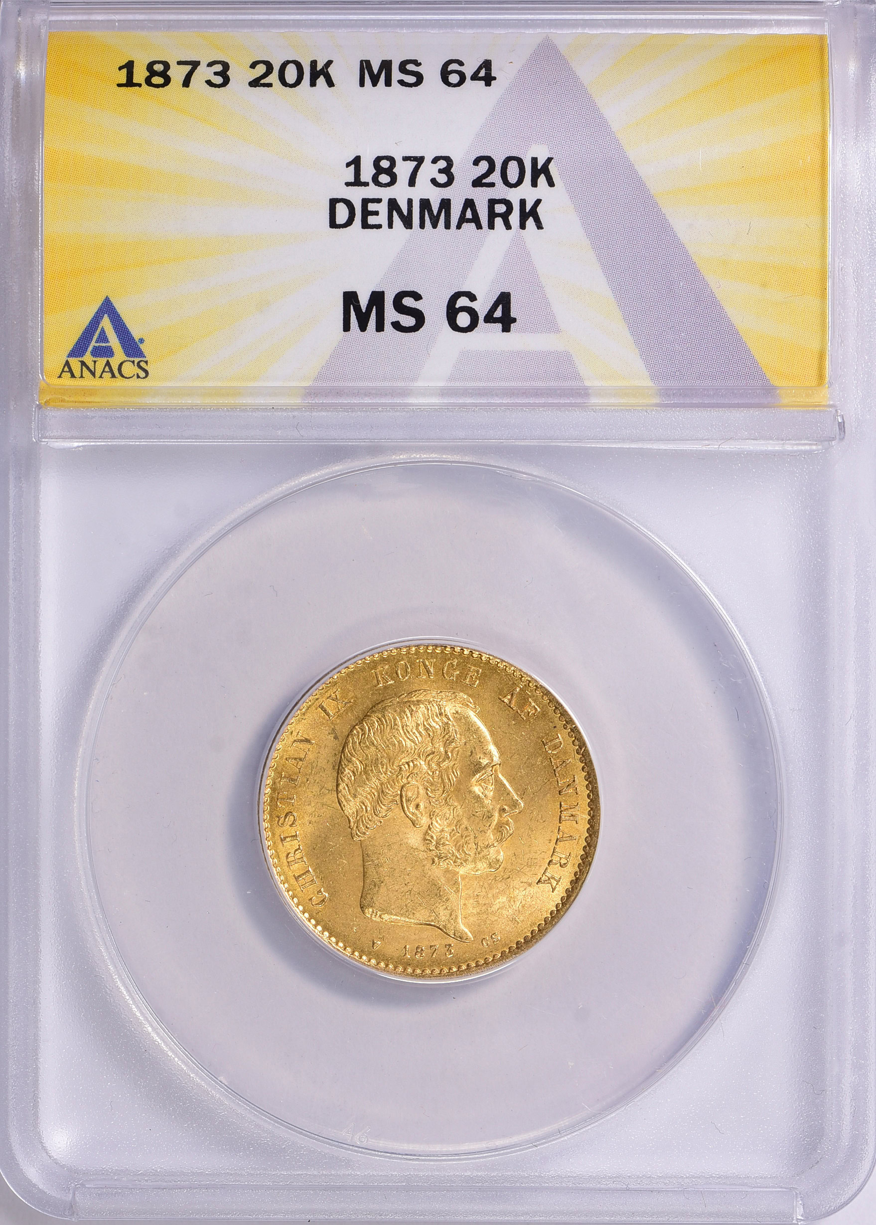 Denmark 1873-CS Gold 20 Kroner KM-79.1. ANACS MS-64 (AGW = 0.2593 oz ...