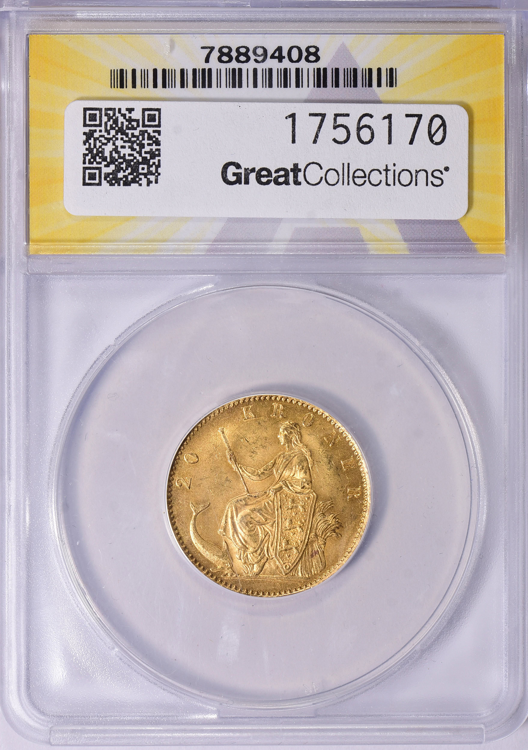 Denmark 1873-CS Gold 20 Kroner KM-79.1. ANACS MS-64 (AGW = 0.2593 oz ...