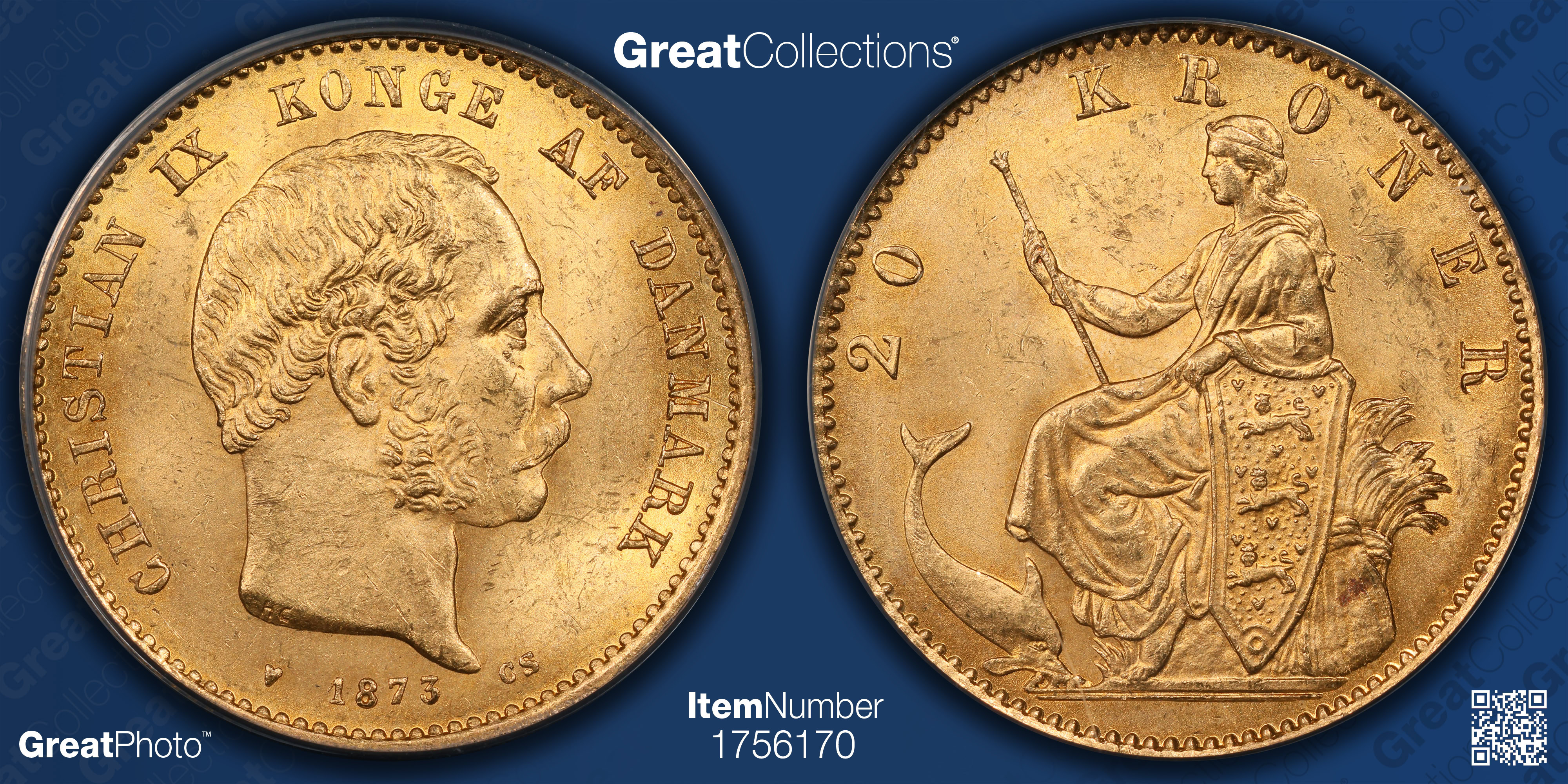 Denmark 1873-CS Gold 20 Kroner KM-79.1. ANACS MS-64 (AGW = 0.2593 oz ...