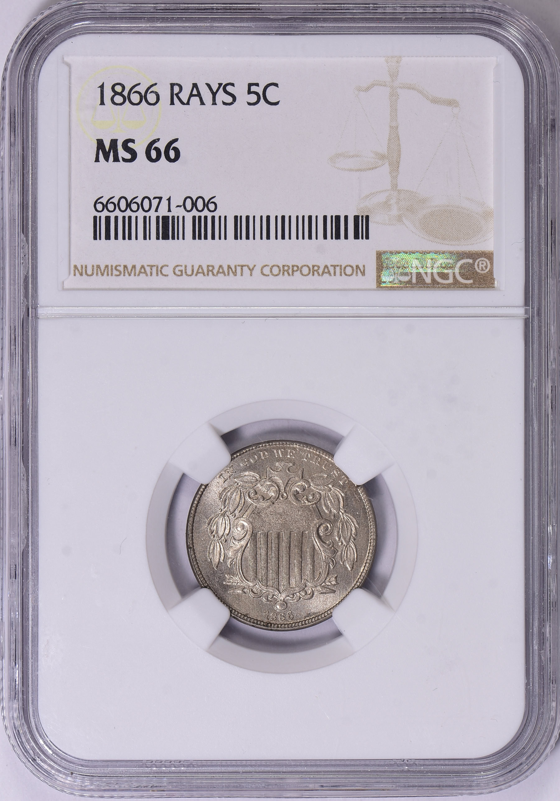 1866 Shield Nickel Rays NGC MS-66 (Item 1756251) | GreatCollections Coin Auctions