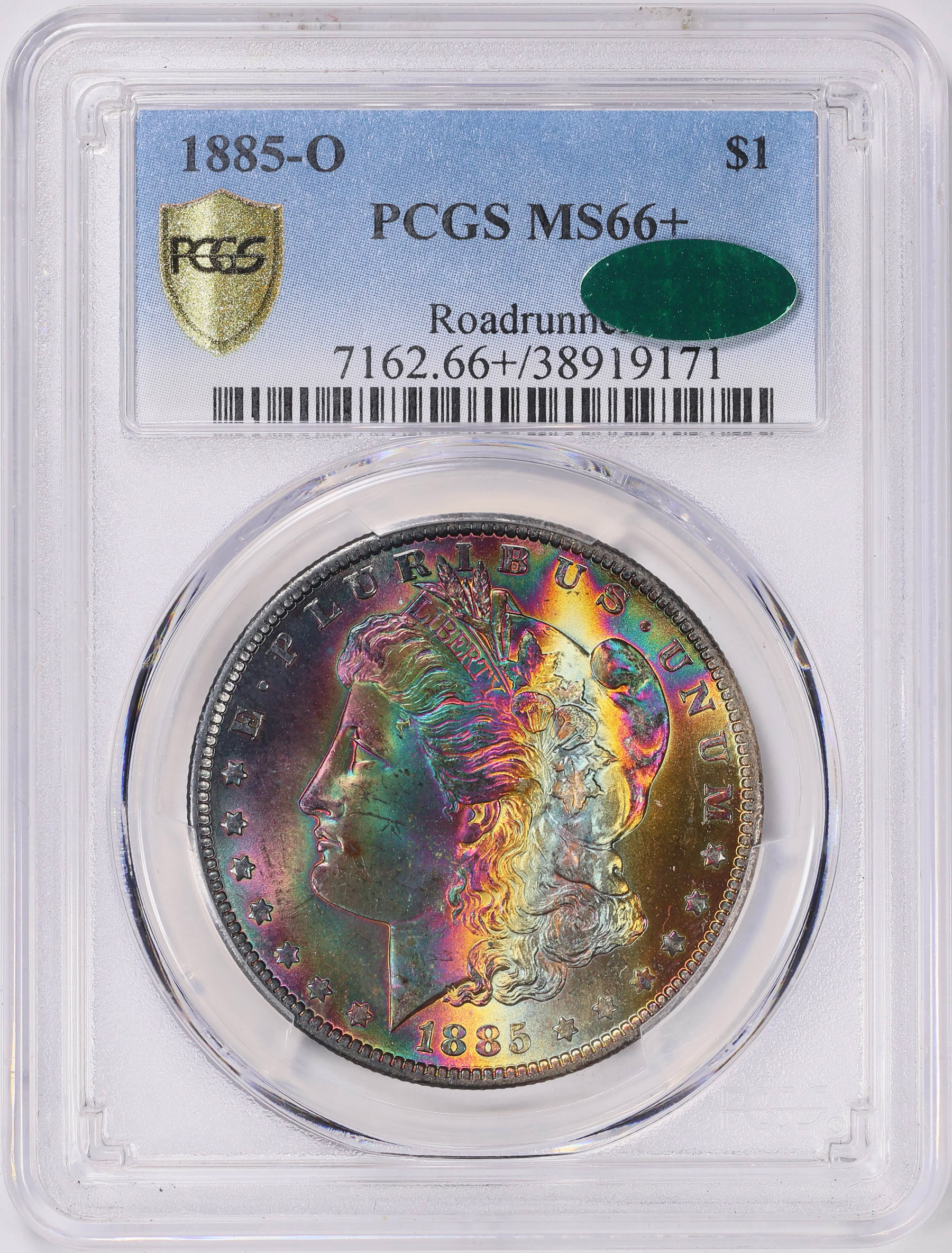 1885-O Morgan Silver Dollar PCGS MS-66+ (CAC Green) (Toned) (Roadrunner Collection) (Item ...