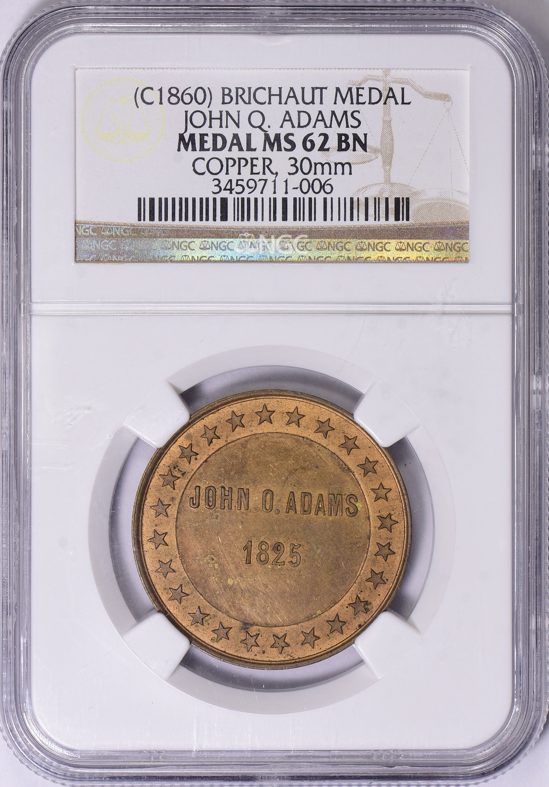 1825 (c.1860) Copper 30mm John Q. Adams Brichaut Series Medal NGC MS-62 ...