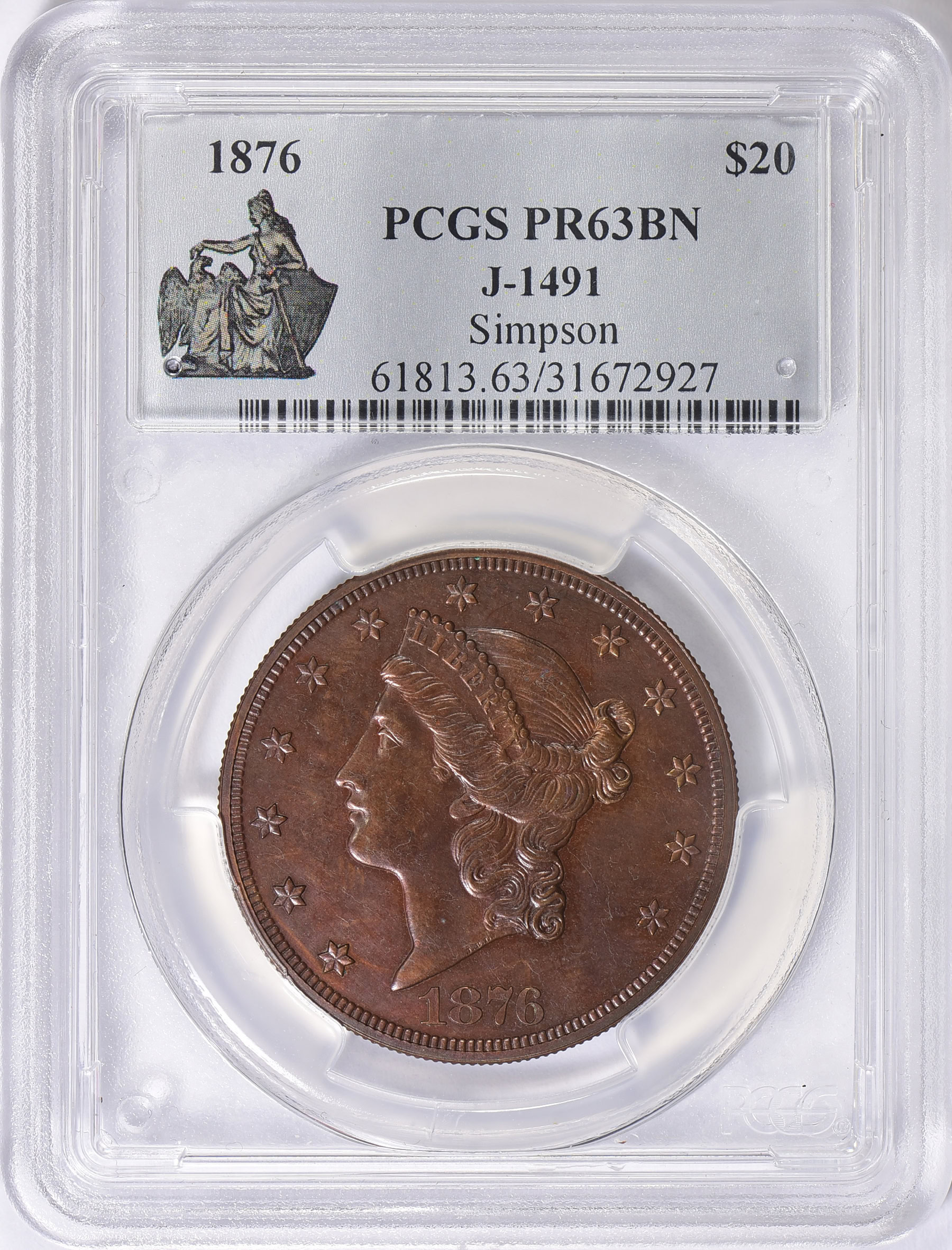 Pattern 1876 $20 J-1491 PCGS Proof-63 BN (Toned) (Simpson Collection ...