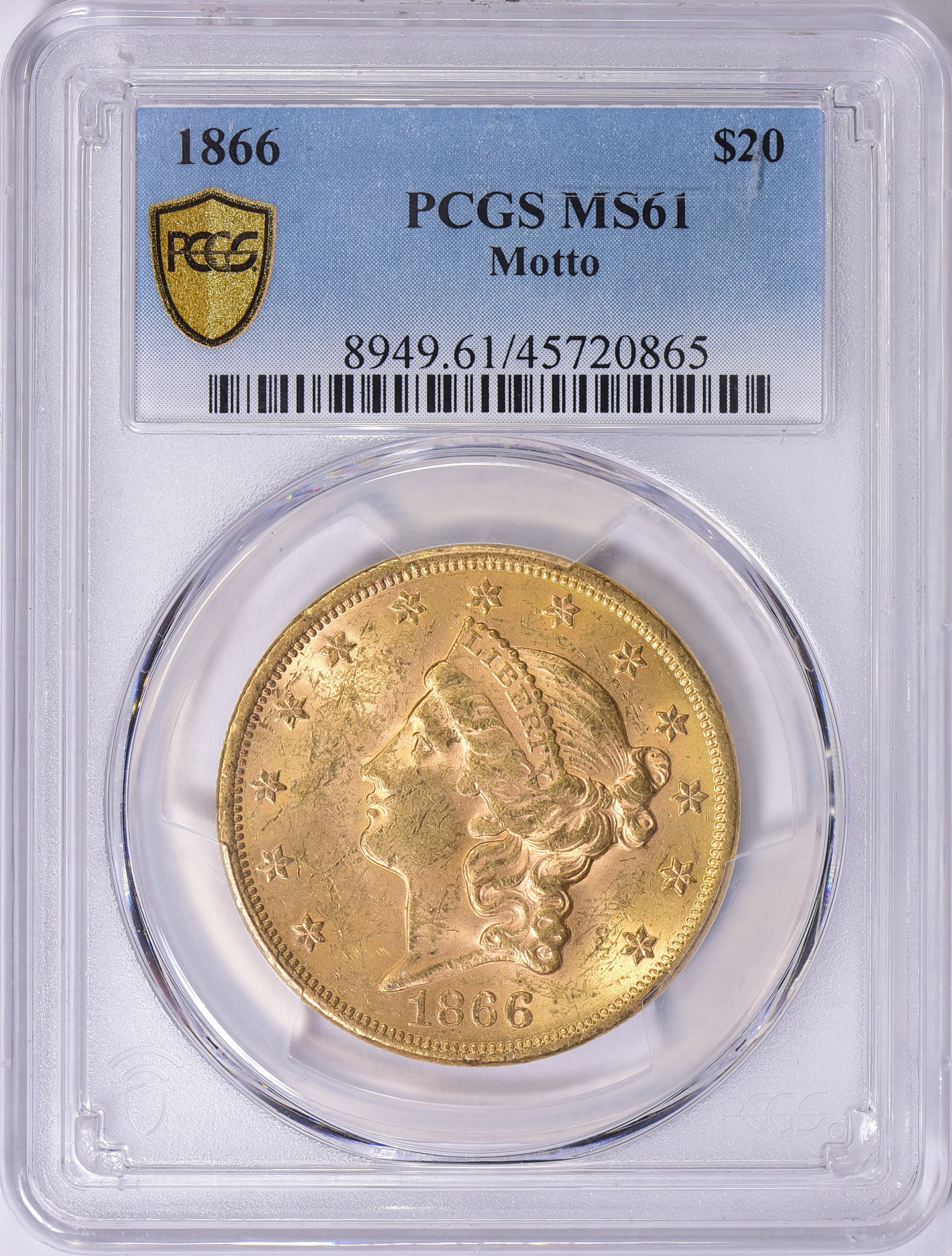 1866 Liberty Gold Double Eagle Motto PCGS MS-61 (Item 1756375) | GreatCollections Coin Auctions