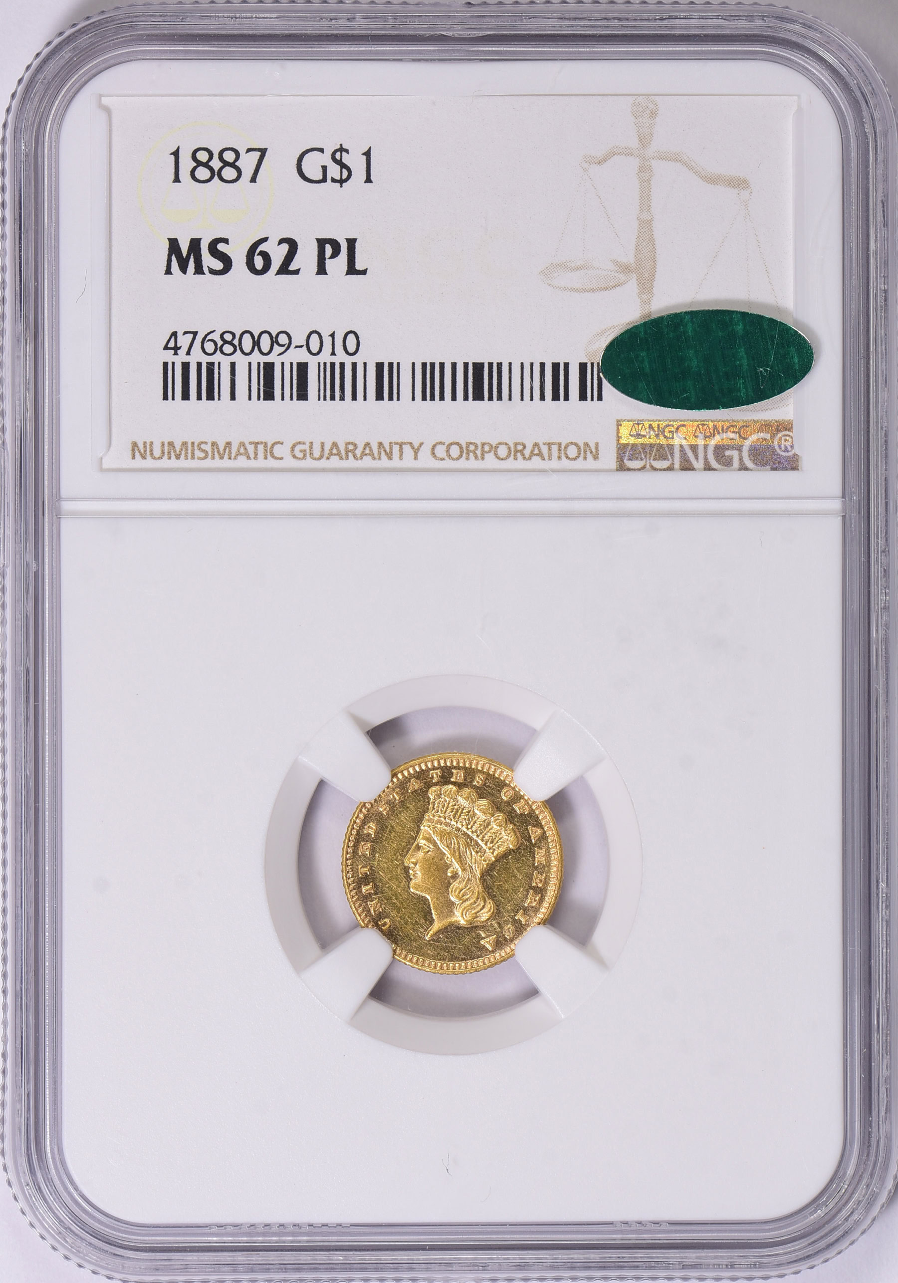 1887 Indian Princess Gold Dollar NGC MS-62 PL (CAC Green) (Item 1756384 ...