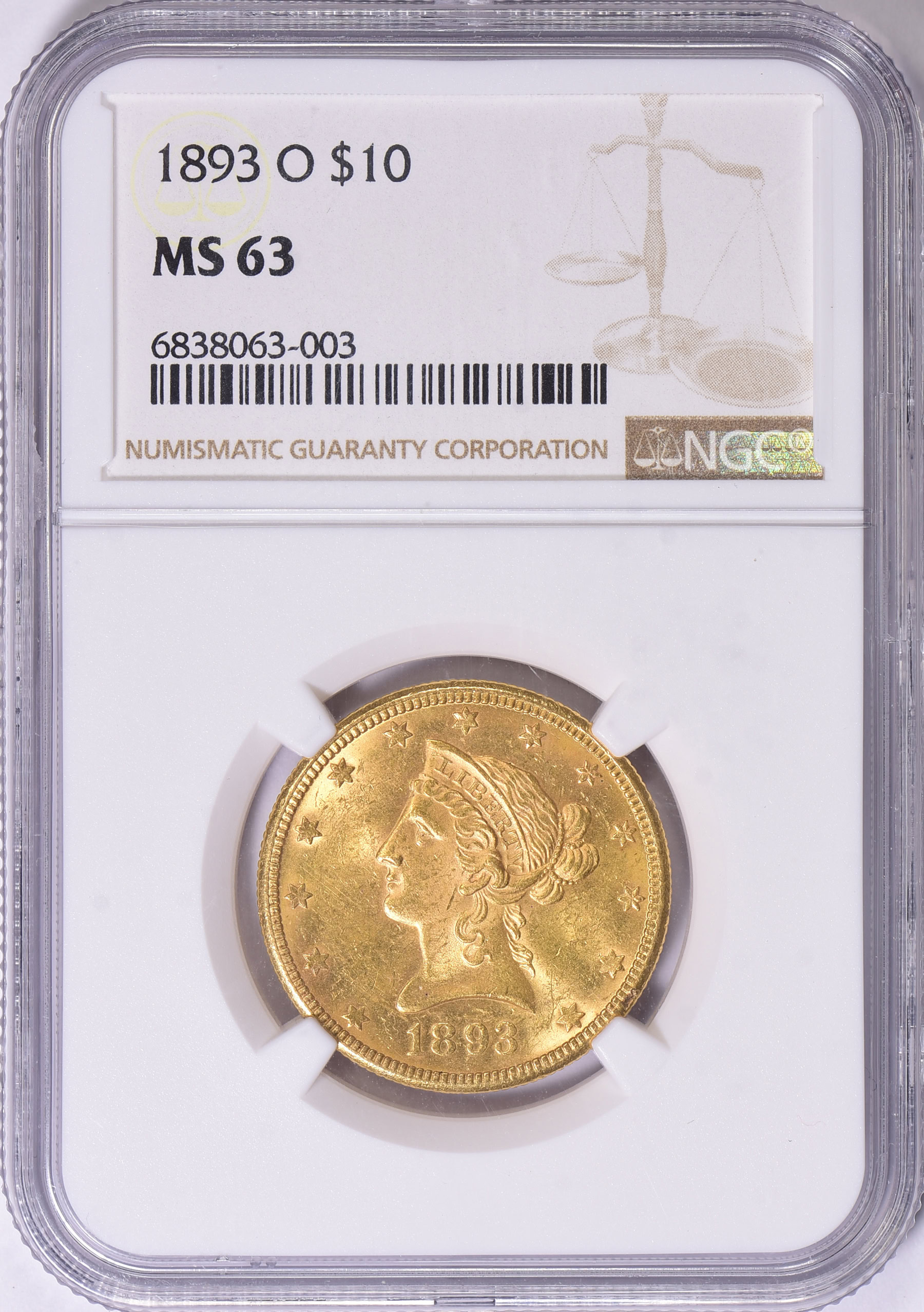 1893-O Liberty Gold Eagle NGC MS-63 (Item 1756430) | GreatCollections ...