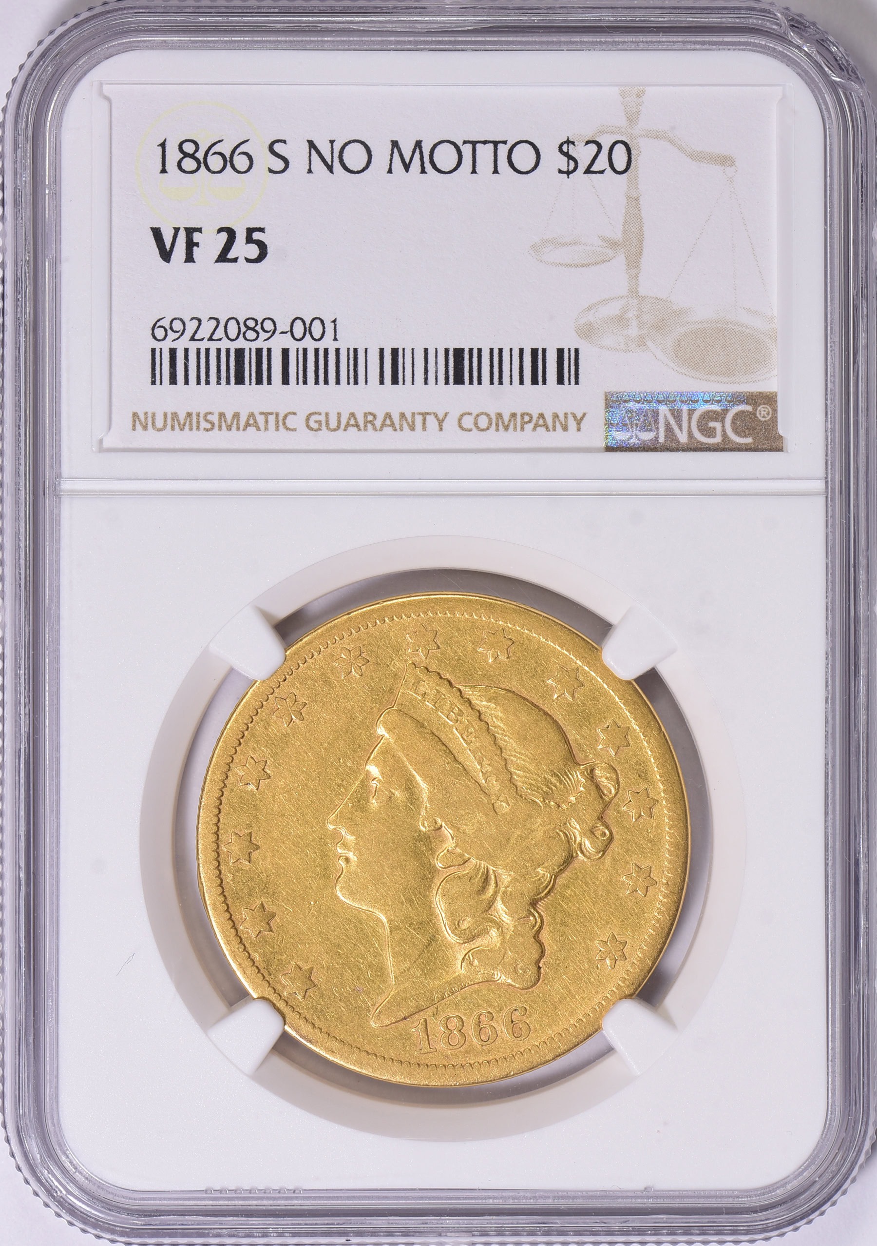 1866-S Liberty Gold Double Eagle No Motto NGC VF-25 (Item 1756457) | GreatCollections Coin Auctions