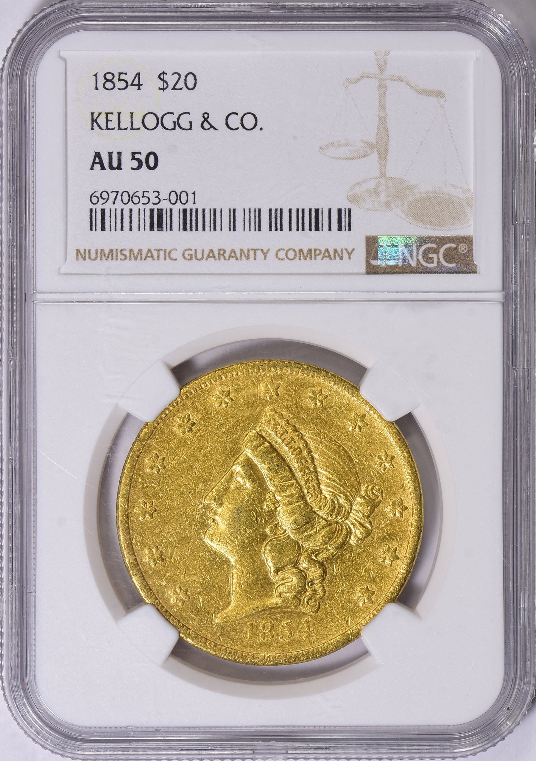 1854 California Gold $20 Kellogg & Company Gold Double Eagle NGC AU-50 (Item 1756482 ...