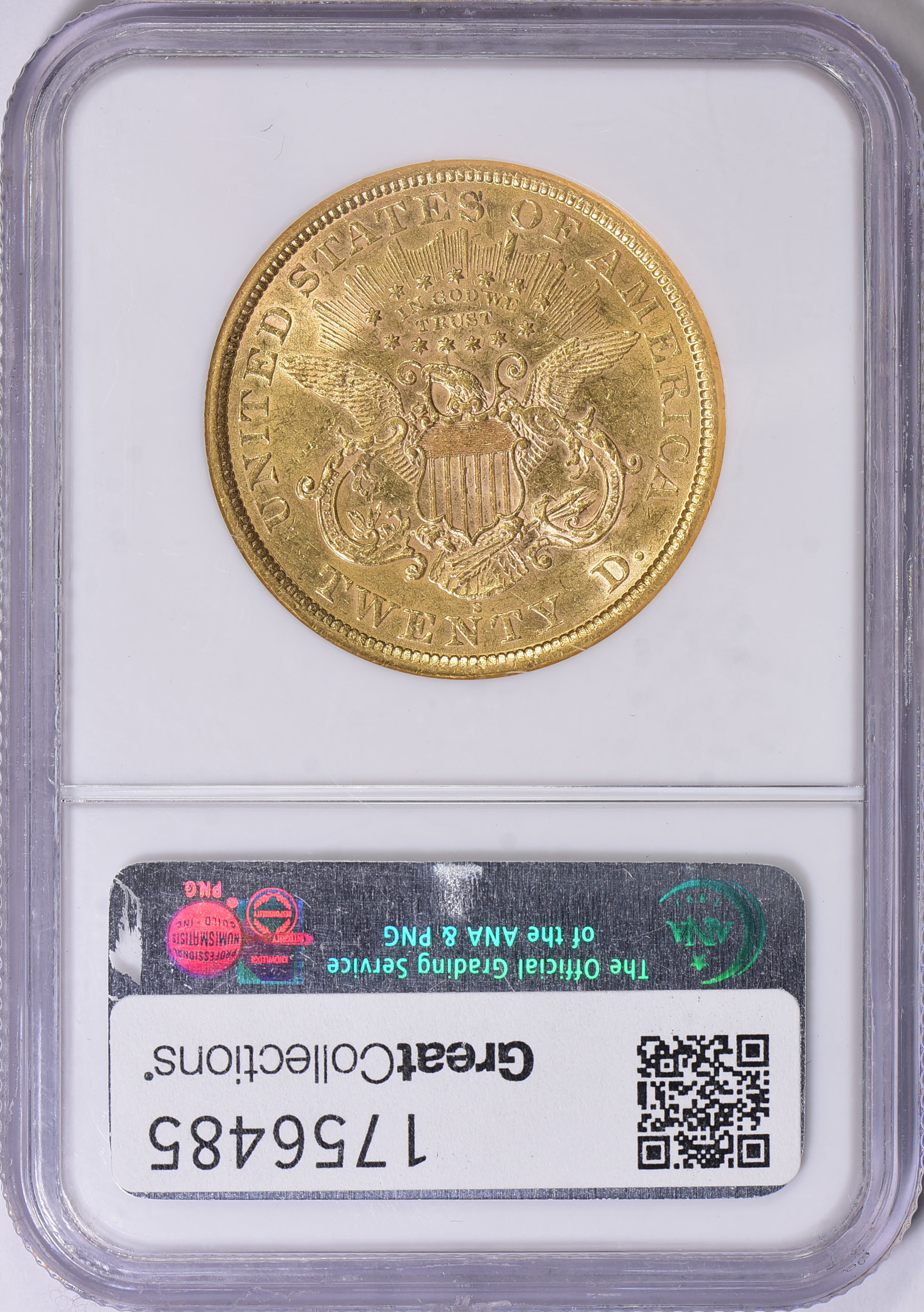 1866-S Liberty Gold Double Eagle Motto NGC AU-58 (Item 1756485) | GreatCollections Coin Auctions