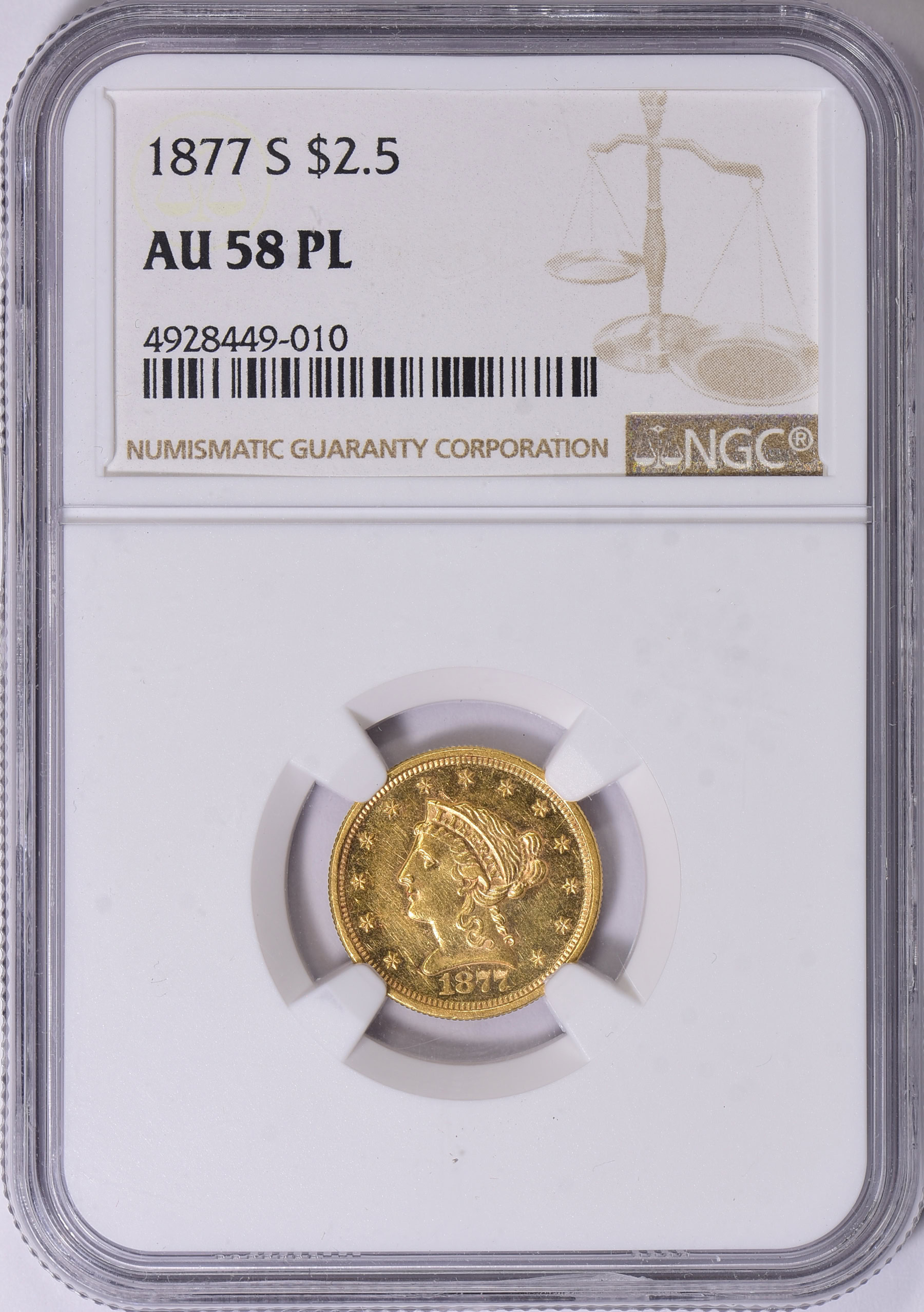 1877-S Liberty Gold Quarter Eagle NGC AU-58 PL (Item 1756489) | GreatCollections Coin Auctions
